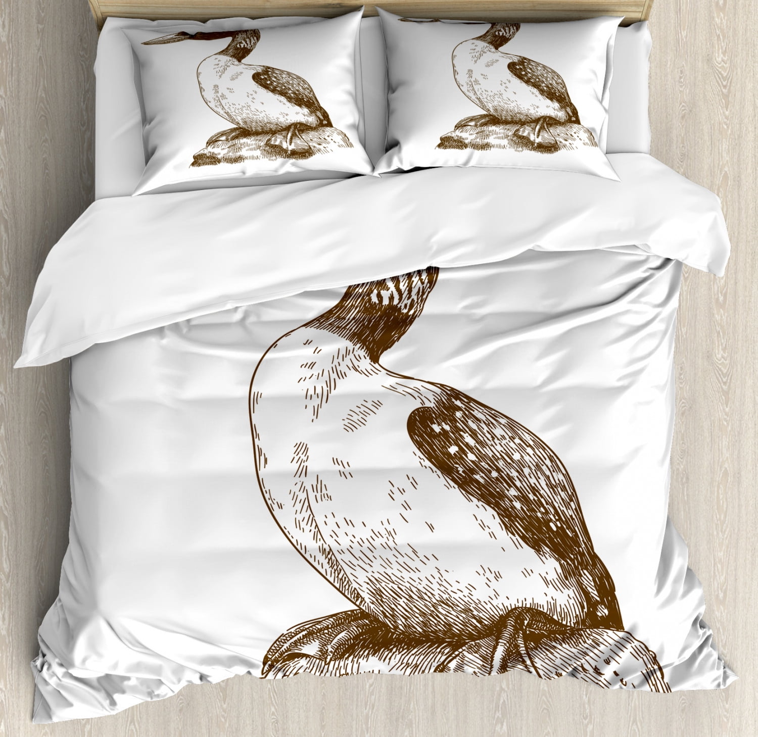 Loon Duvet Cover Set King Size, Antique Looking Drawing Illustration of ...