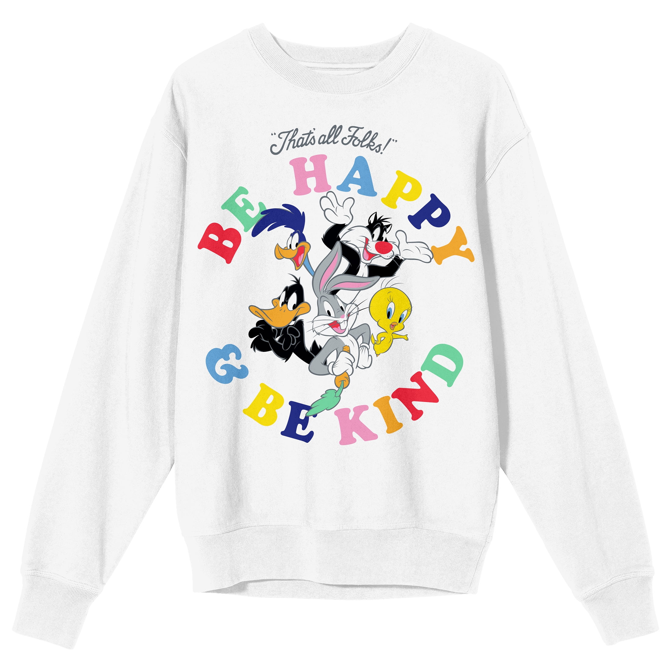 Looney Tunes Be Happy & Be Kind Characters Women's White Crew Neck ...