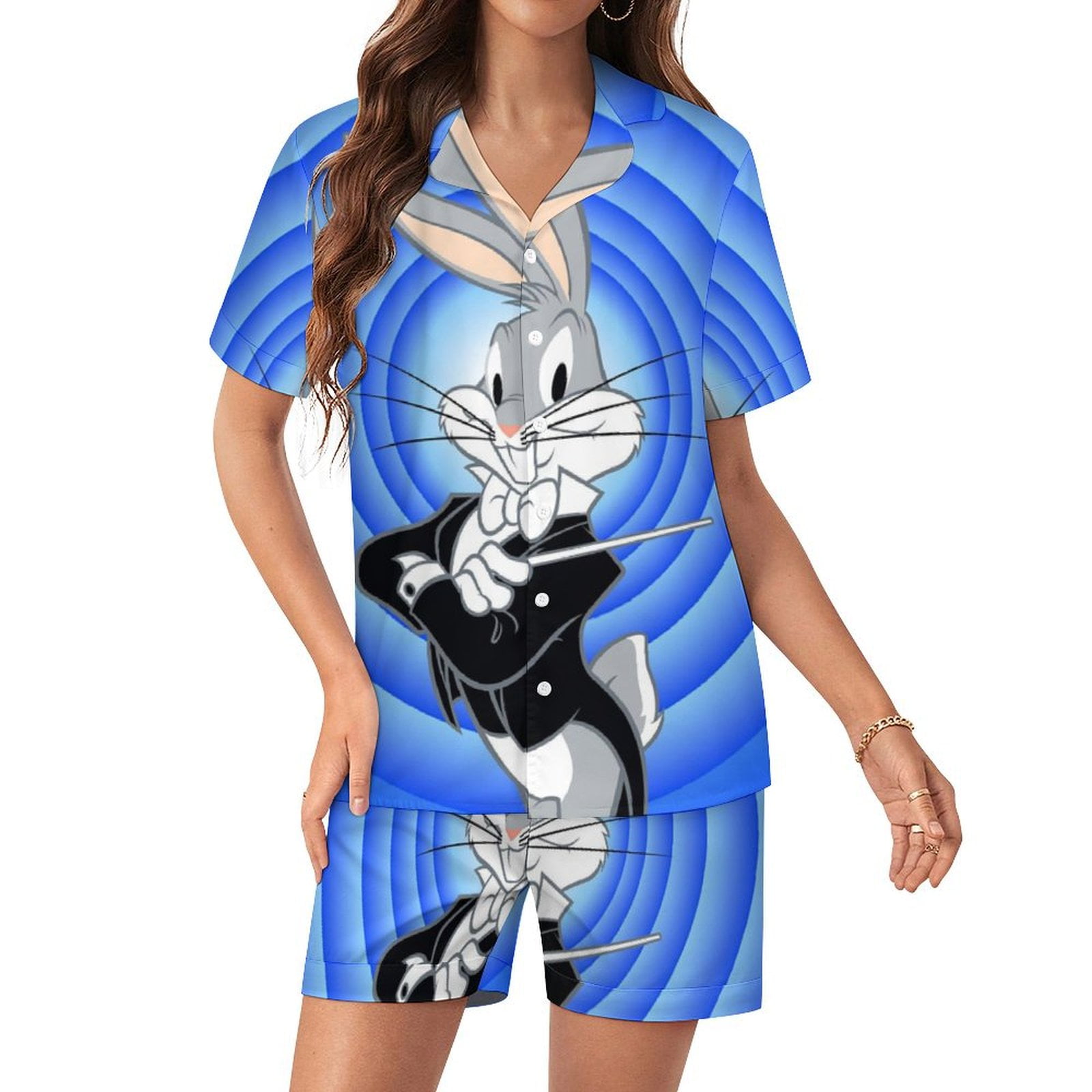 Looney Tunes Bugs Bunny Women Pajamas Set Short Sleeve Sleepwear Button ...