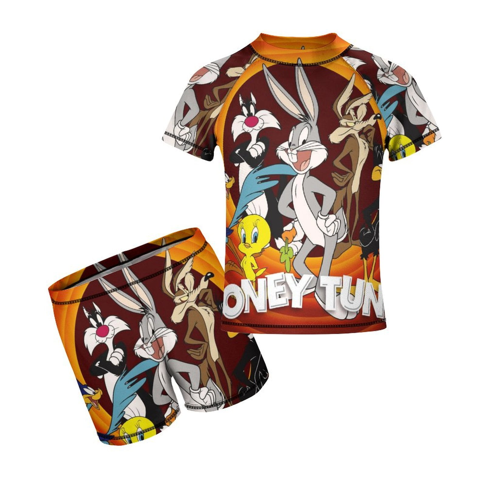 Looney Tunes Cartoons Boys 2-Piece Swimsuit Set, Short Sleeve Rash ...