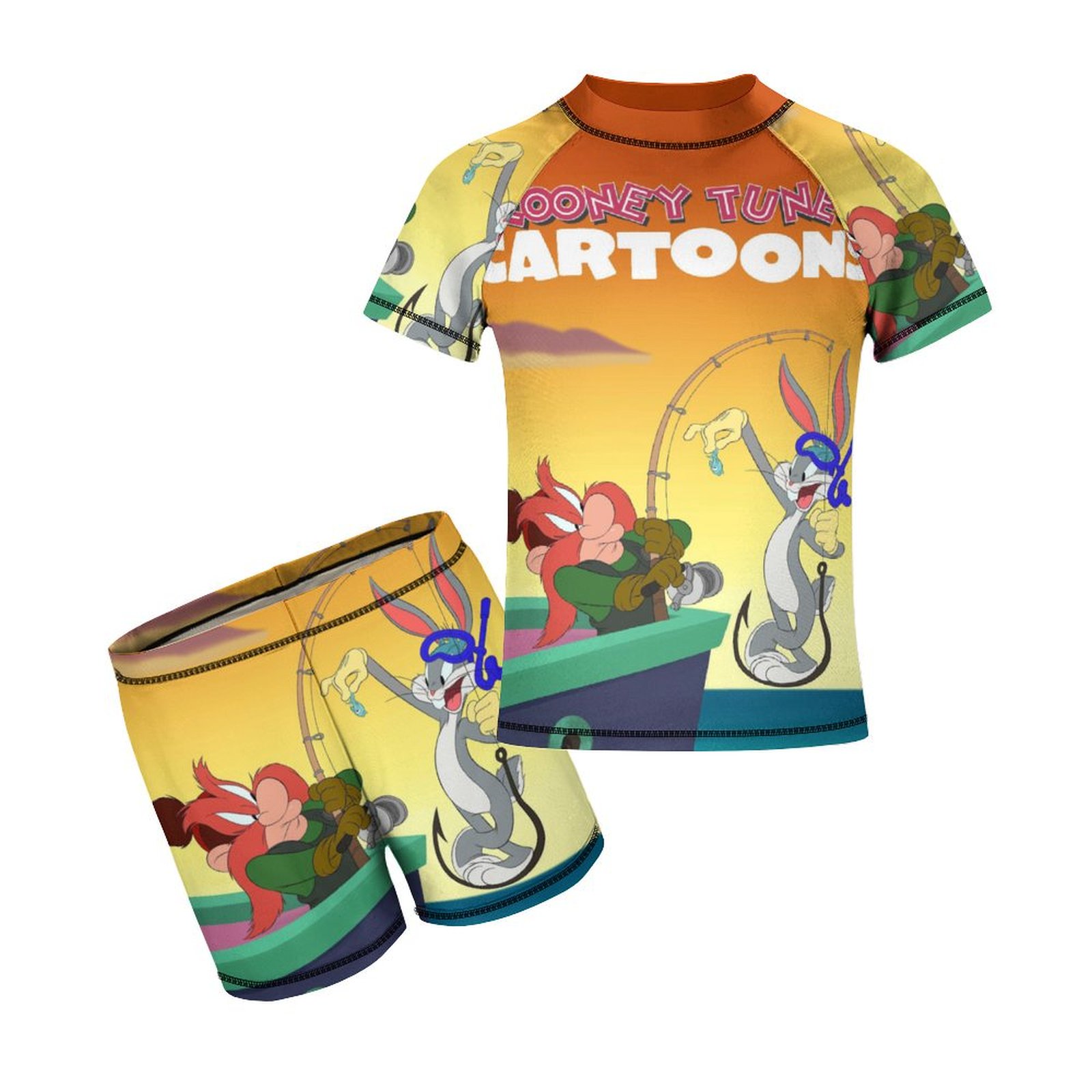 Looney Tunes Cartoons Boys 2-Piece Swimsuit Set, Short Sleeve Rash ...