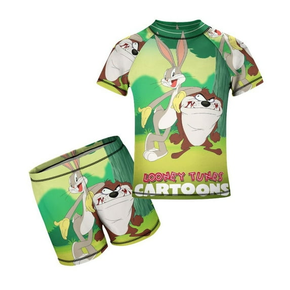 Looney Tunes Cartoons Boys 2-Piece Swimsuit Set, Short Sleeve Rash ...