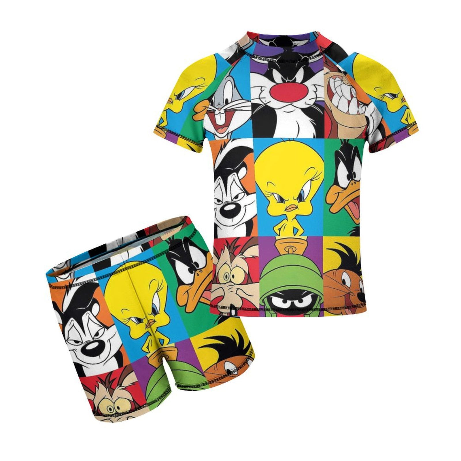 Looney Tunes Cartoons Boys 2-Piece Swimsuit Set, Short Sleeve Rash ...