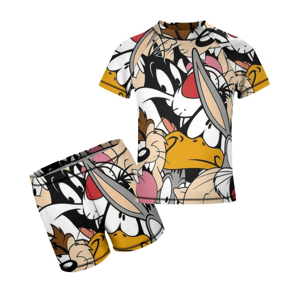 Looney Tunes Cartoons Boys 2-Piece Swimsuit Set, Short Sleeve Rash ...