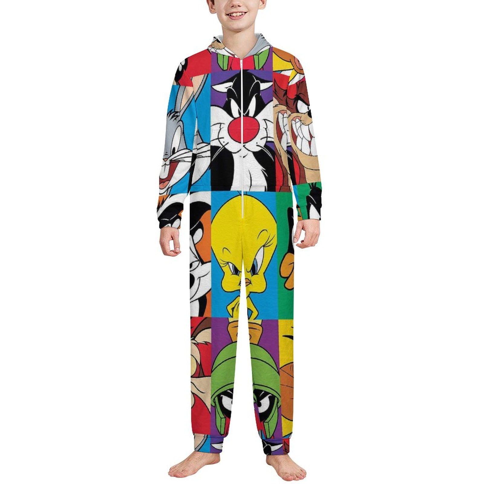 Looney Tunes Cartoons Kids Hooded Jumpsuit Pajamas One Piece PJs ...