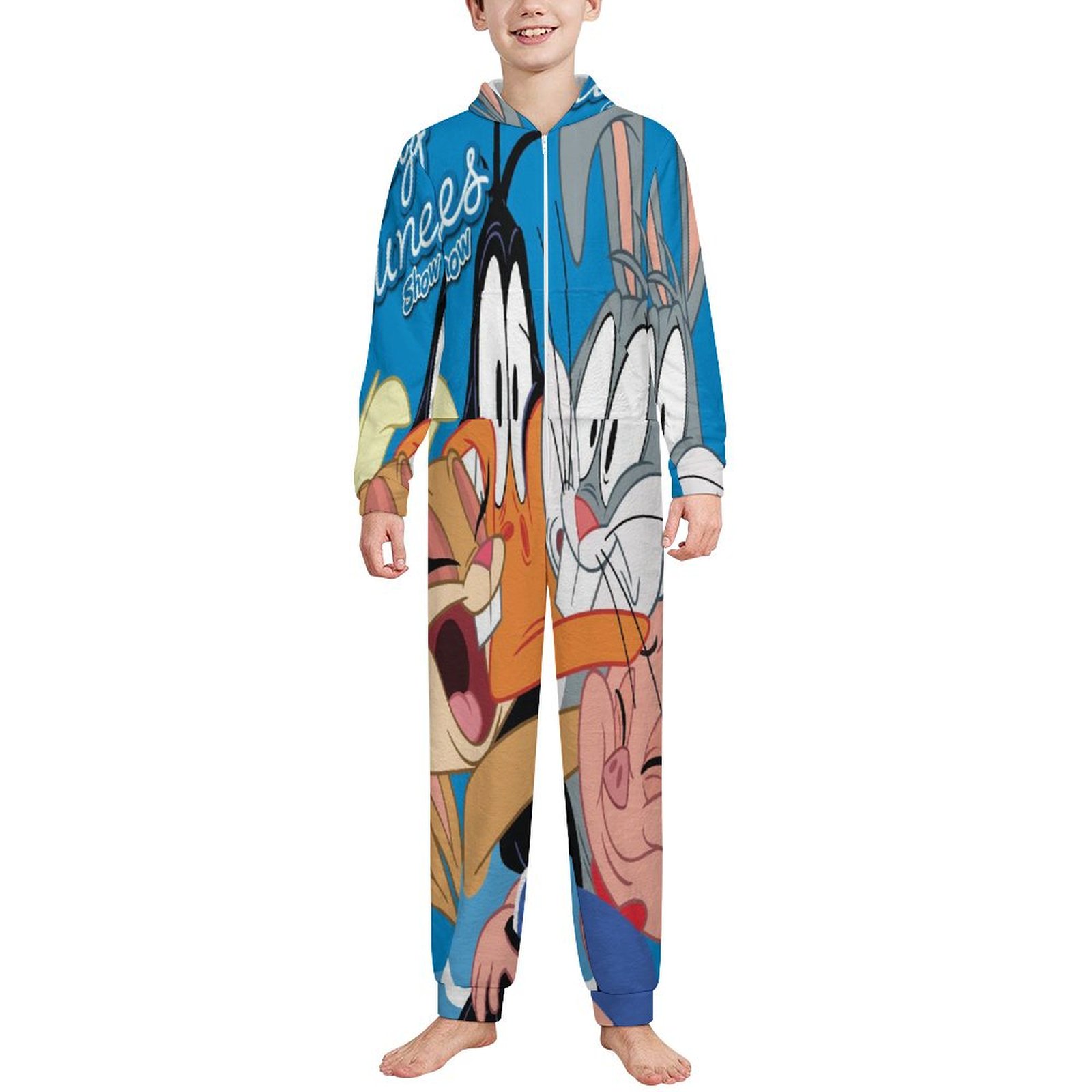 Looney Tunes Cartoons Kids One Piece Pajama Hooded Union Suit PJs ...