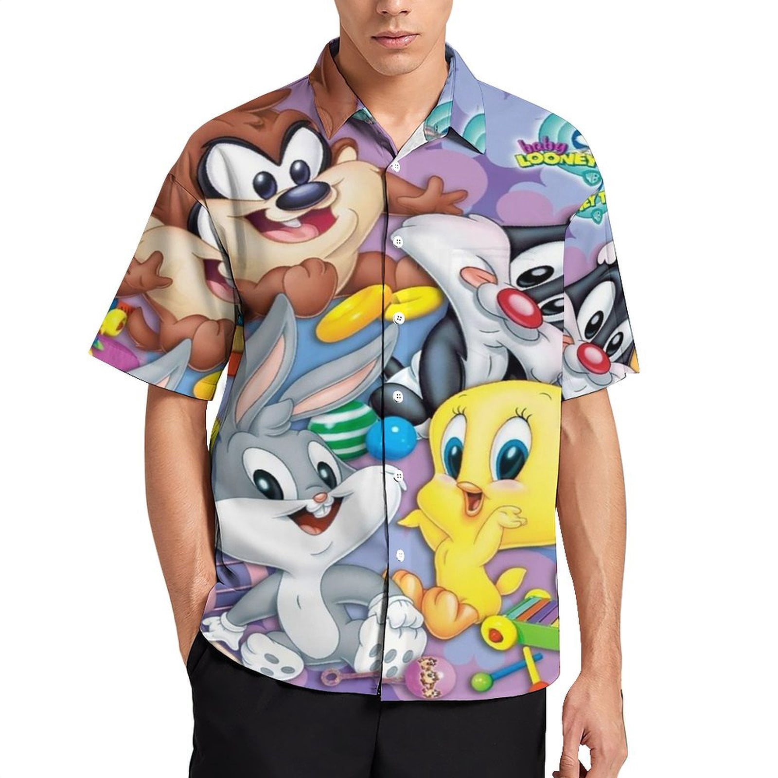 Looney Tunes Cartoons Men's Hawaiian Shirt Short Sleeve Button Down ...
