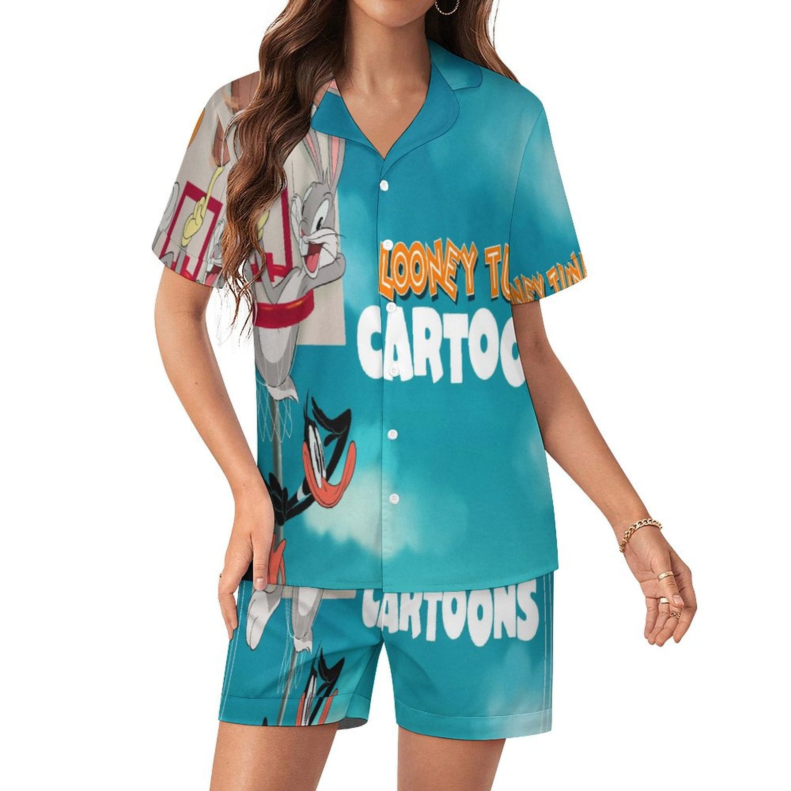 Looney Tunes Cartoons Women Pajamas Set Short Sleeve Sleepwear Button ...