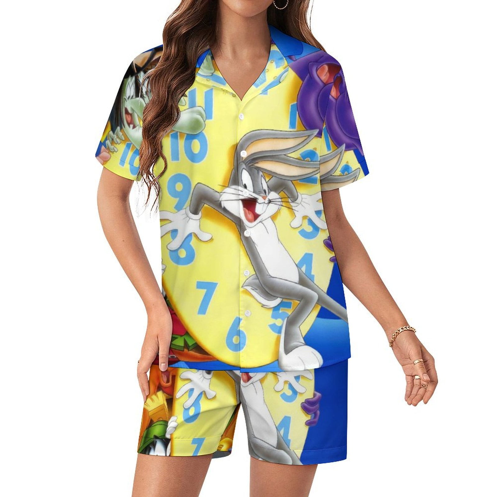 Looney Tunes Cartoons Women Pajamas Set Short Sleeve Sleepwear Button ...