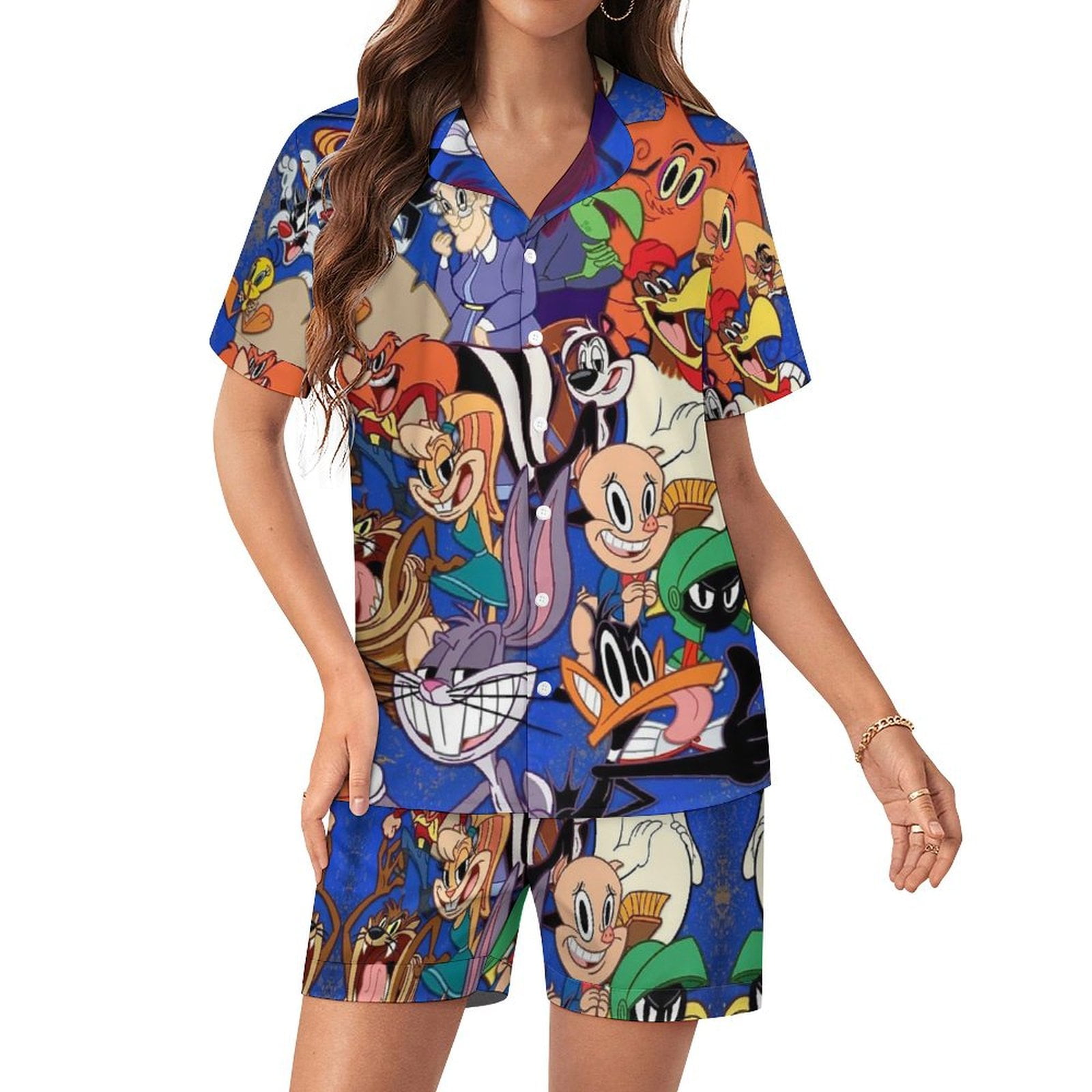 Looney Tunes Cartoons Women Pajamas Set Short Sleeve Sleepwear Button ...