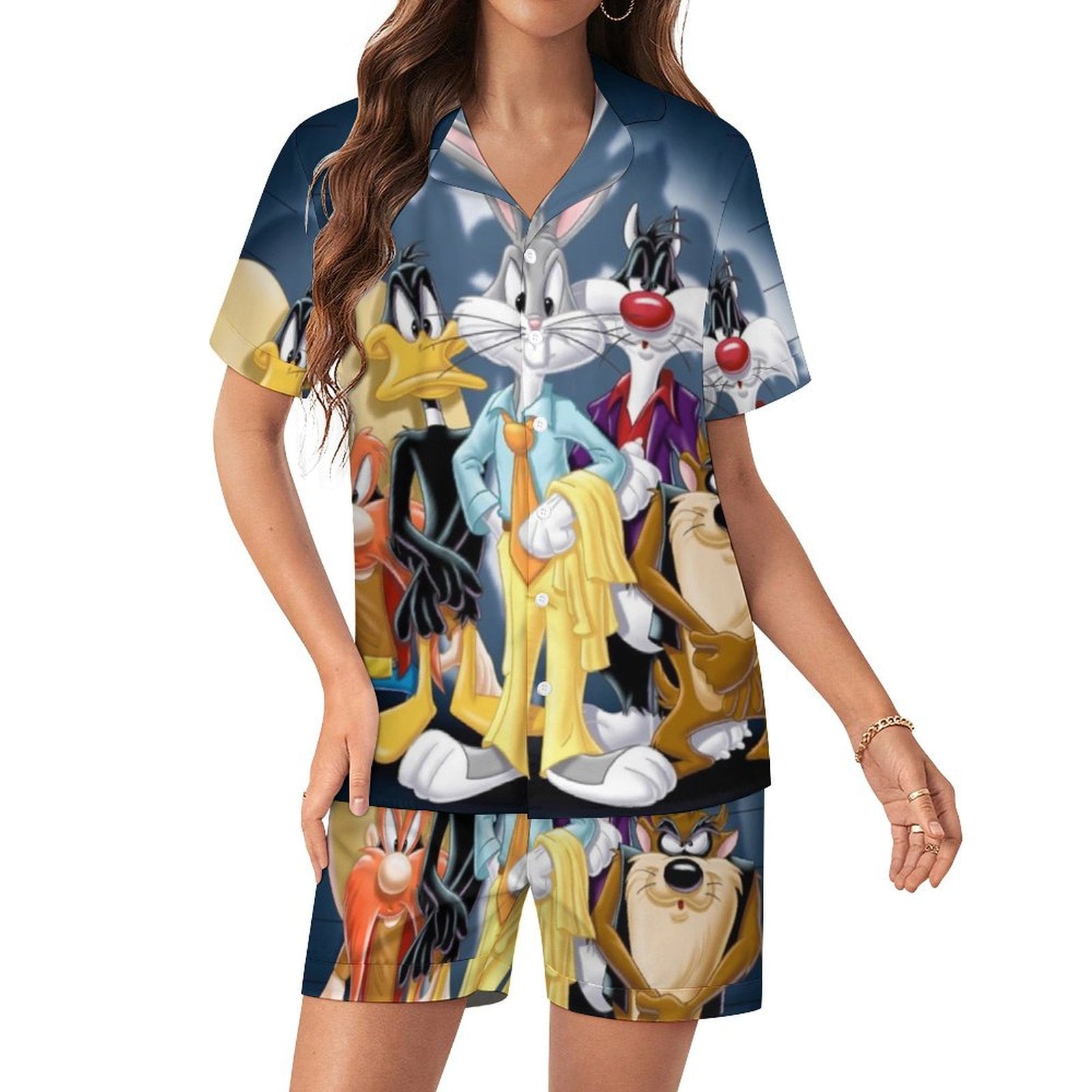 Looney Tunes Cartoons Women Pajamas Set Short Sleeve Sleepwear Button ...