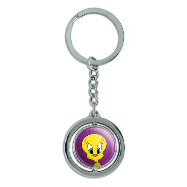 Looney Tunes Tweety Bird Keychain Spinning Round Chrome Plated Metal ...