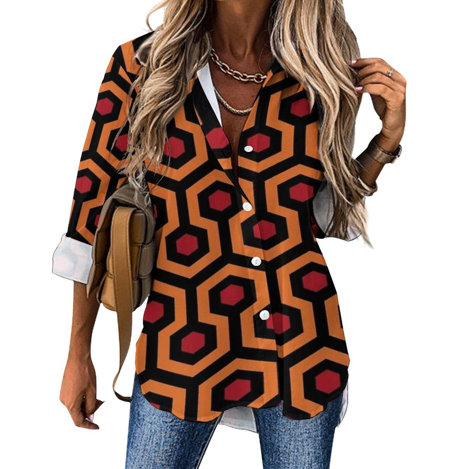 Looped Hexagons Orange Red Black Women's Button Down Long Sleeve Shirts ...
