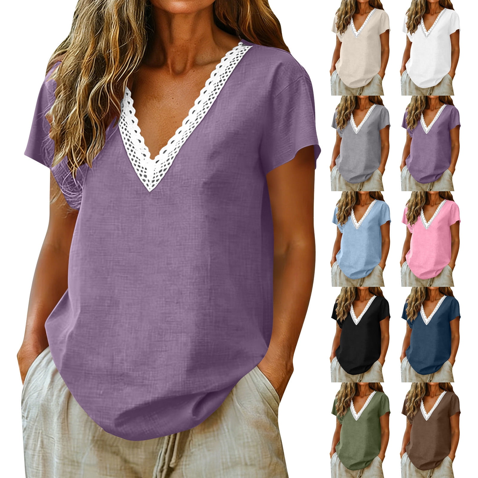 Loopsun Women Summer Blouse V Neck Short Sleeve Lace Splice Loose Linen ...