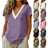 Loopsun Women Summer Blouse V Neck Short Sleeve Lace Splice Loose Linen ...