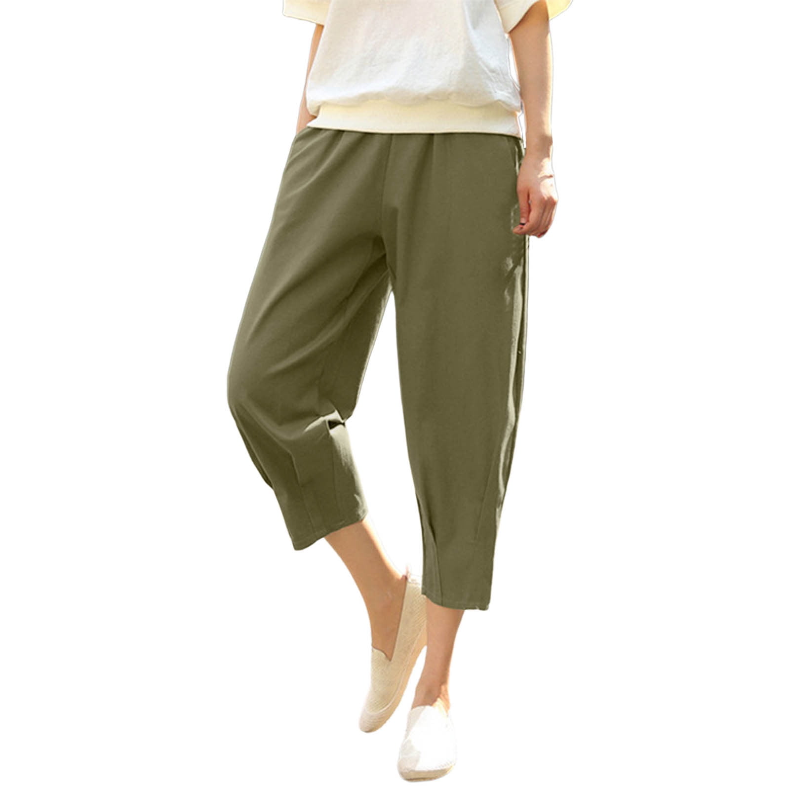 Loose Capris Ladies High Waist Wide Leg Pants Solid Color Dressy Casual ...