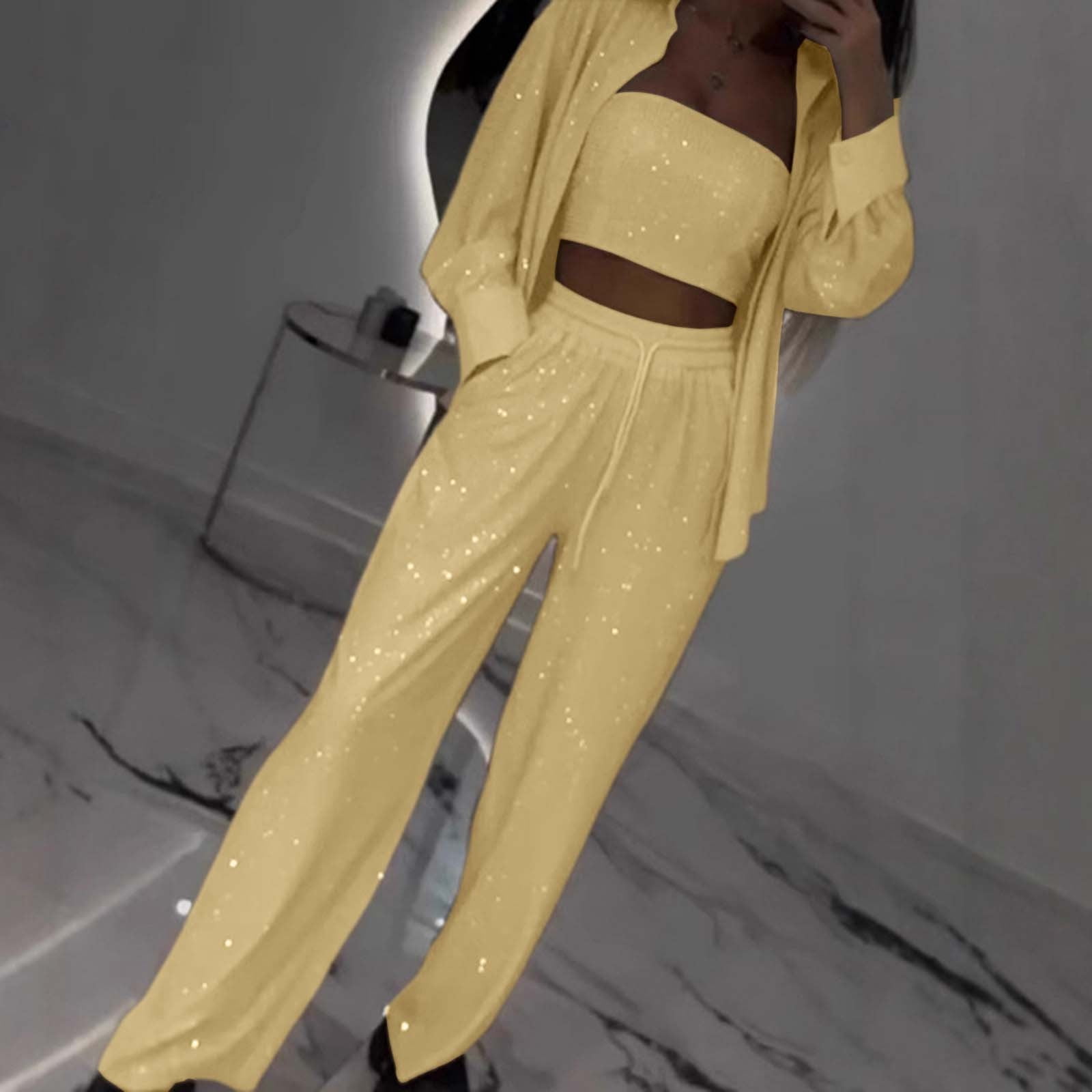Loose Casual Sequin Platform Pant Three Piece Stretch Pants Suit Plaid ...