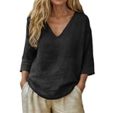 Loose Casual Women Blouse Short Sleeve V Neck Polyester Black XXL For ...