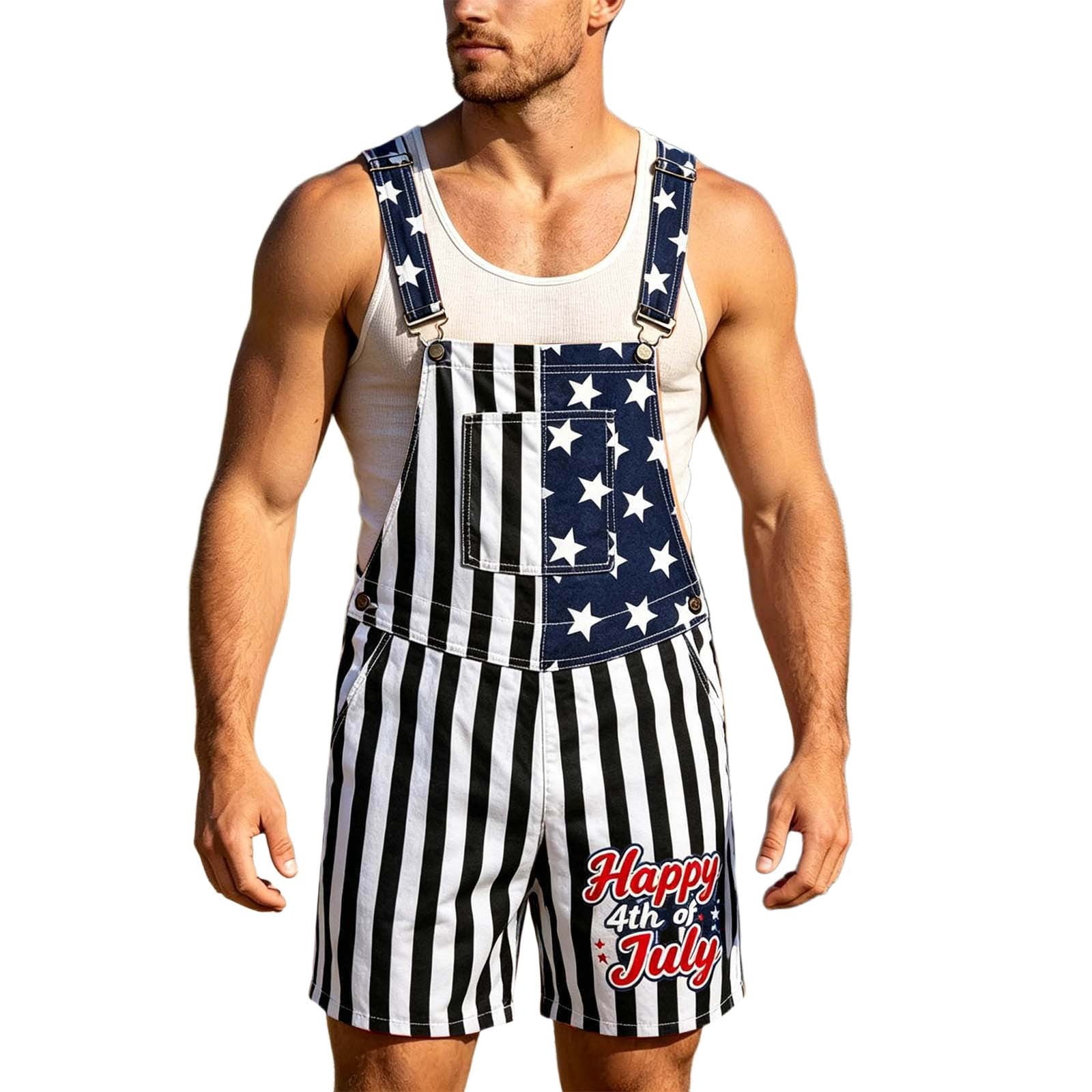 Loose Fit 4th of July Men's American Flag Short Overalls Adjustable ...