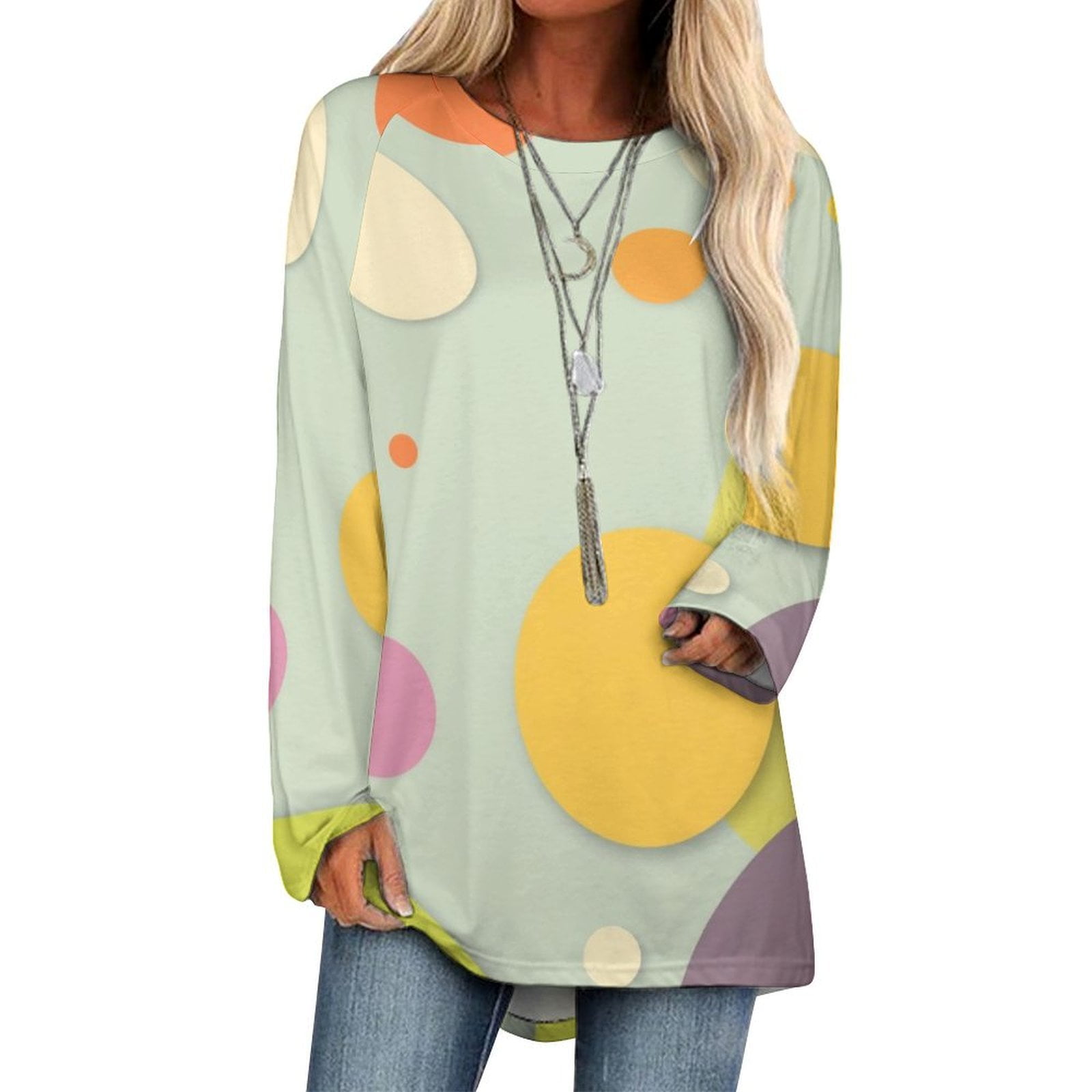 Loose Fit Abstract Pastel Shapes 3D Print Long Sleeve Crew Neck T-Shirt ...