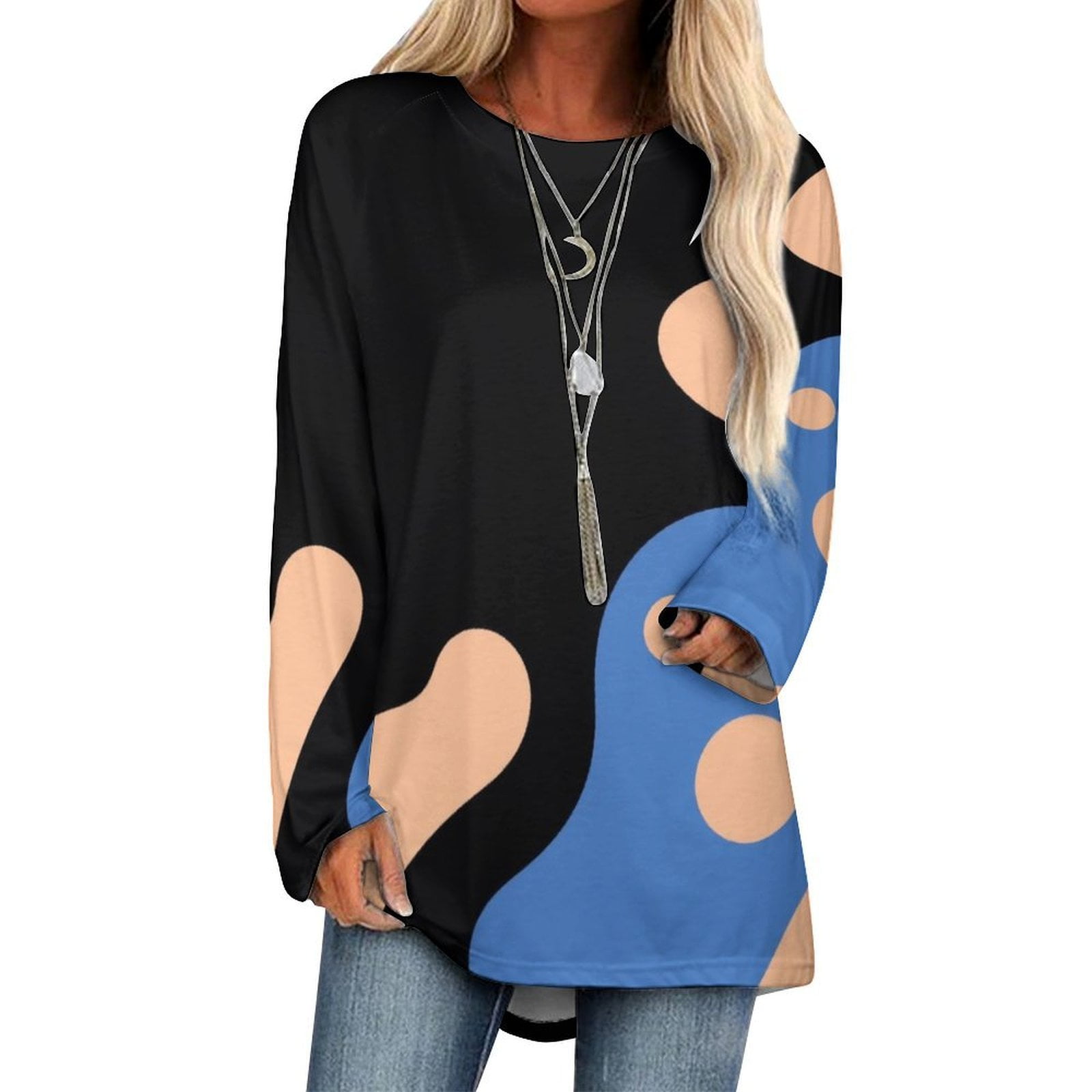 Loose Fit Abstract Shapes Design 3D Print Long Sleeve Crew Neck T-Shirt ...