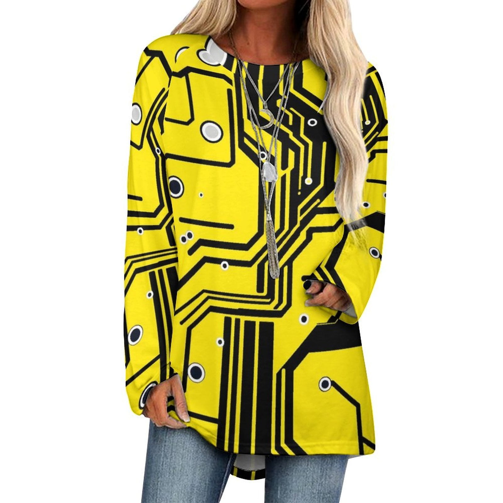Loose Fit Circuit Board Design 3D Print Long Sleeve Crew Neck T-Shirt ...