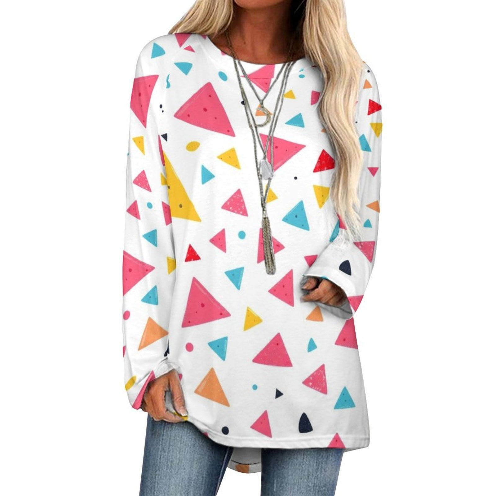 Loose Fit Colorful Triangle Pattern 3D Print Long Sleeve Crew Neck T ...