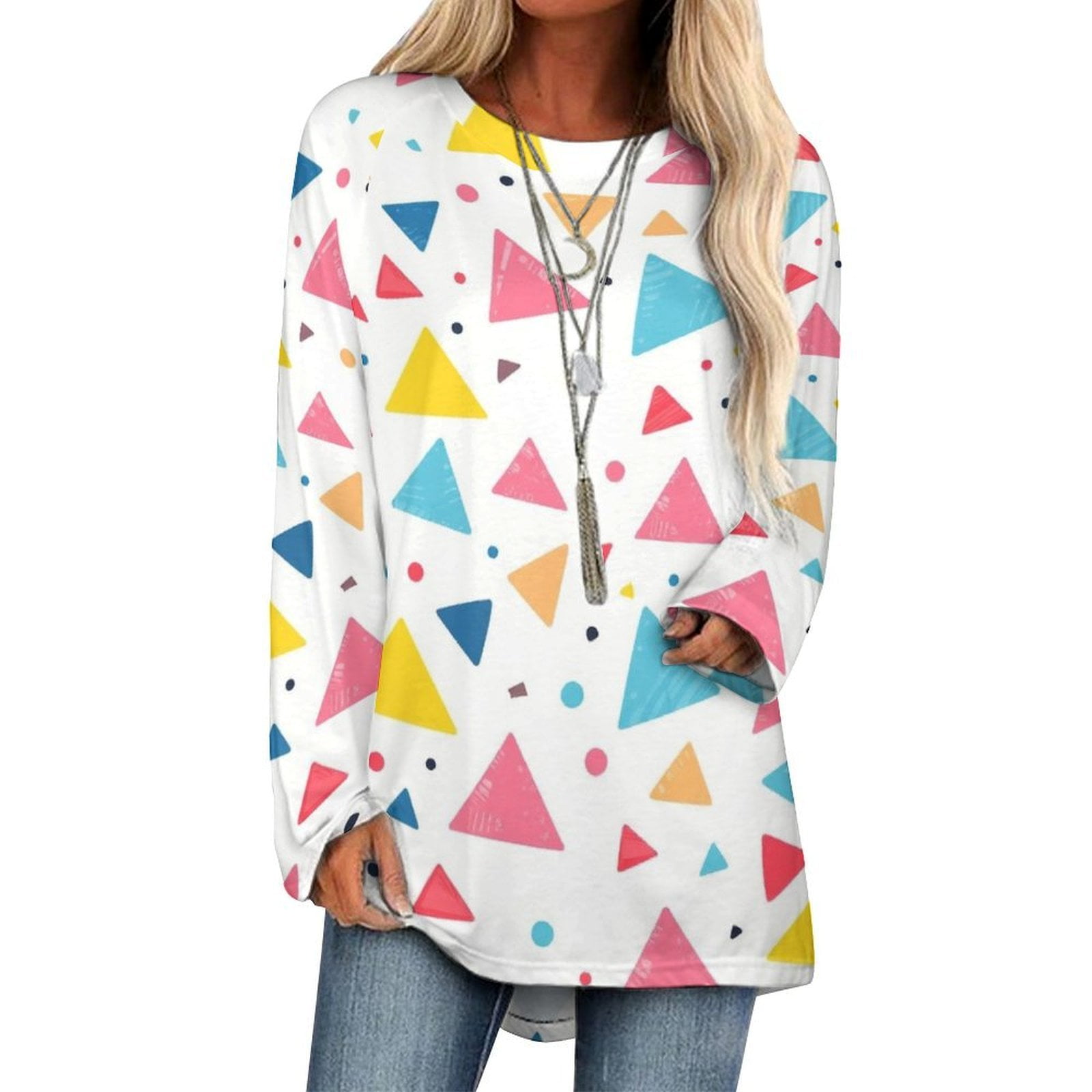 Loose Fit Colorful Triangle Pattern 3D Print Long Sleeve Crew Neck T ...