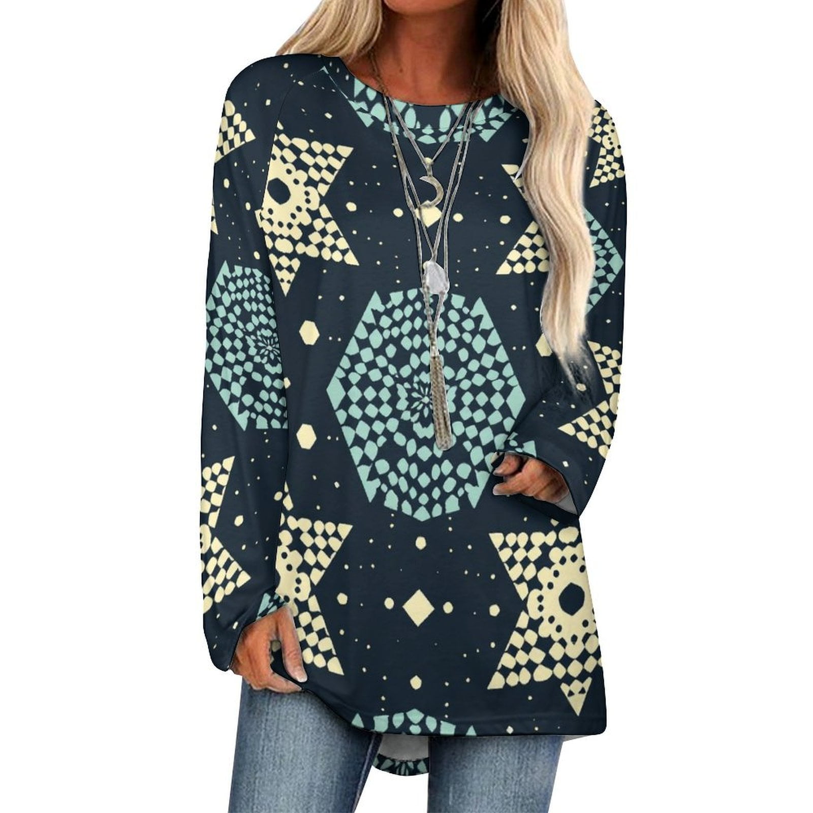 Loose Fit Geometric Abstract Pattern 3D Print Long Sleeve Crew Neck T ...