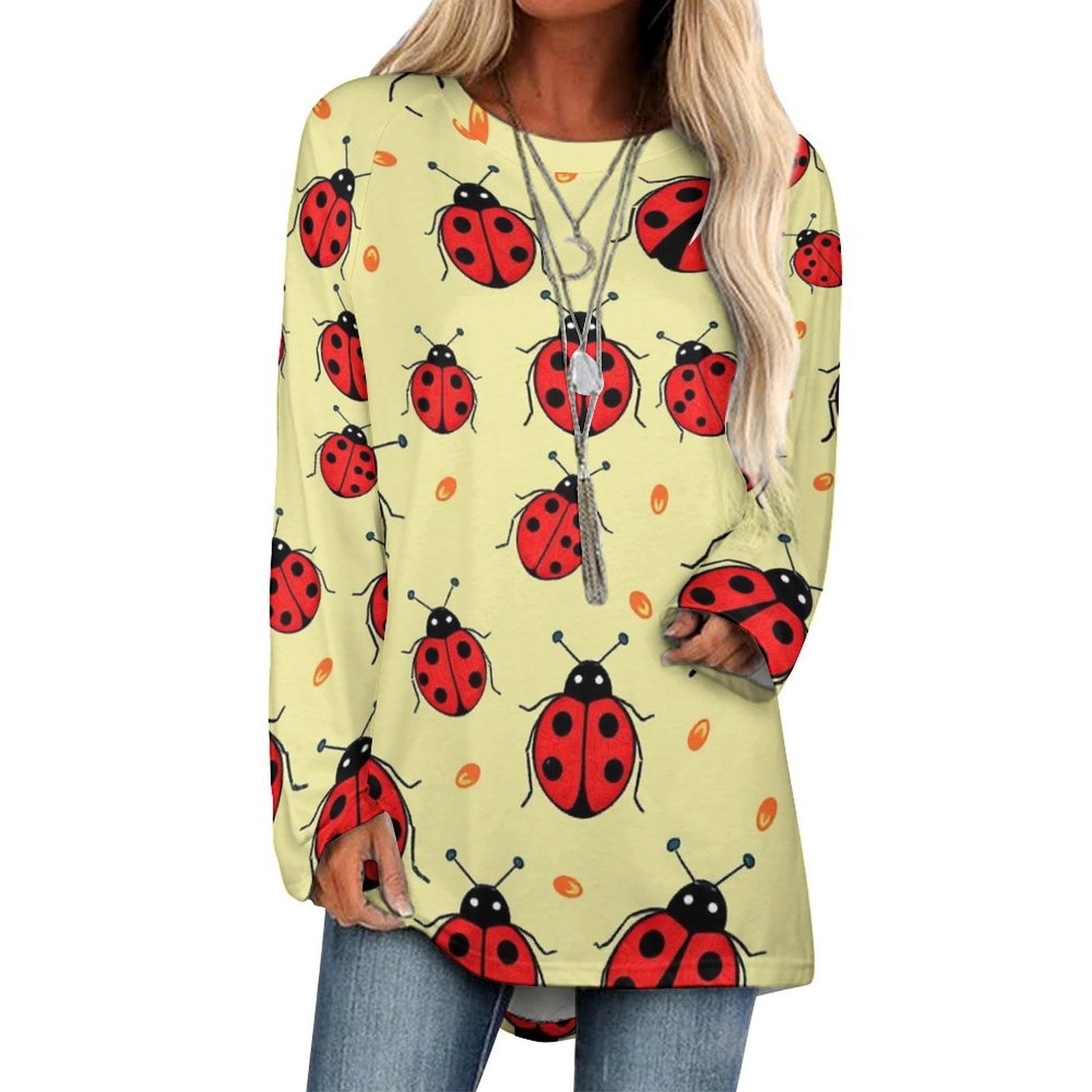 Loose Fit Ladybug Pattern Background 3D Print Long Sleeve Crew Neck T ...