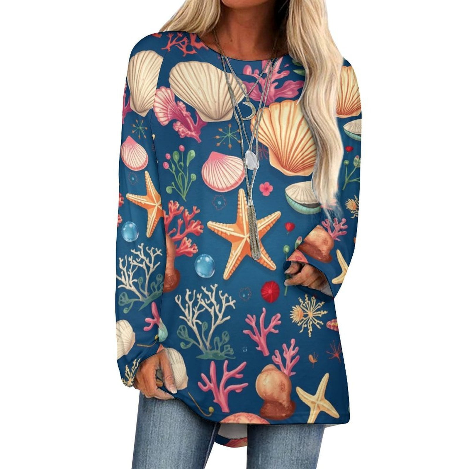 Loose Fit Ocean Life Pattern 3D Print Long Sleeve Crew Neck T-Shirt ...