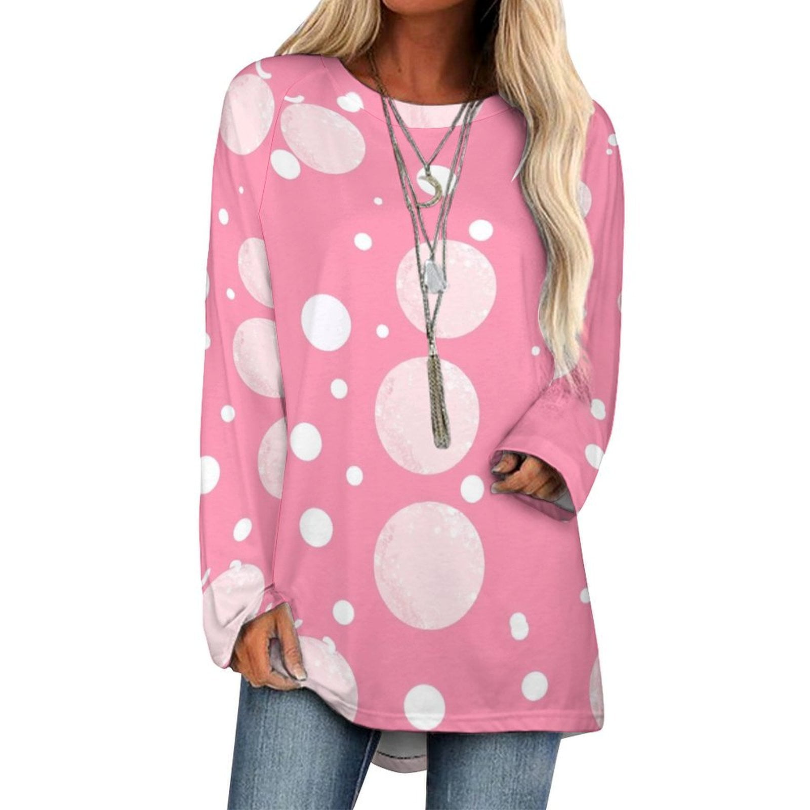 Loose Fit Pink Bubble Pattern 3D Print Long Sleeve Crew Neck T-Shirt ...