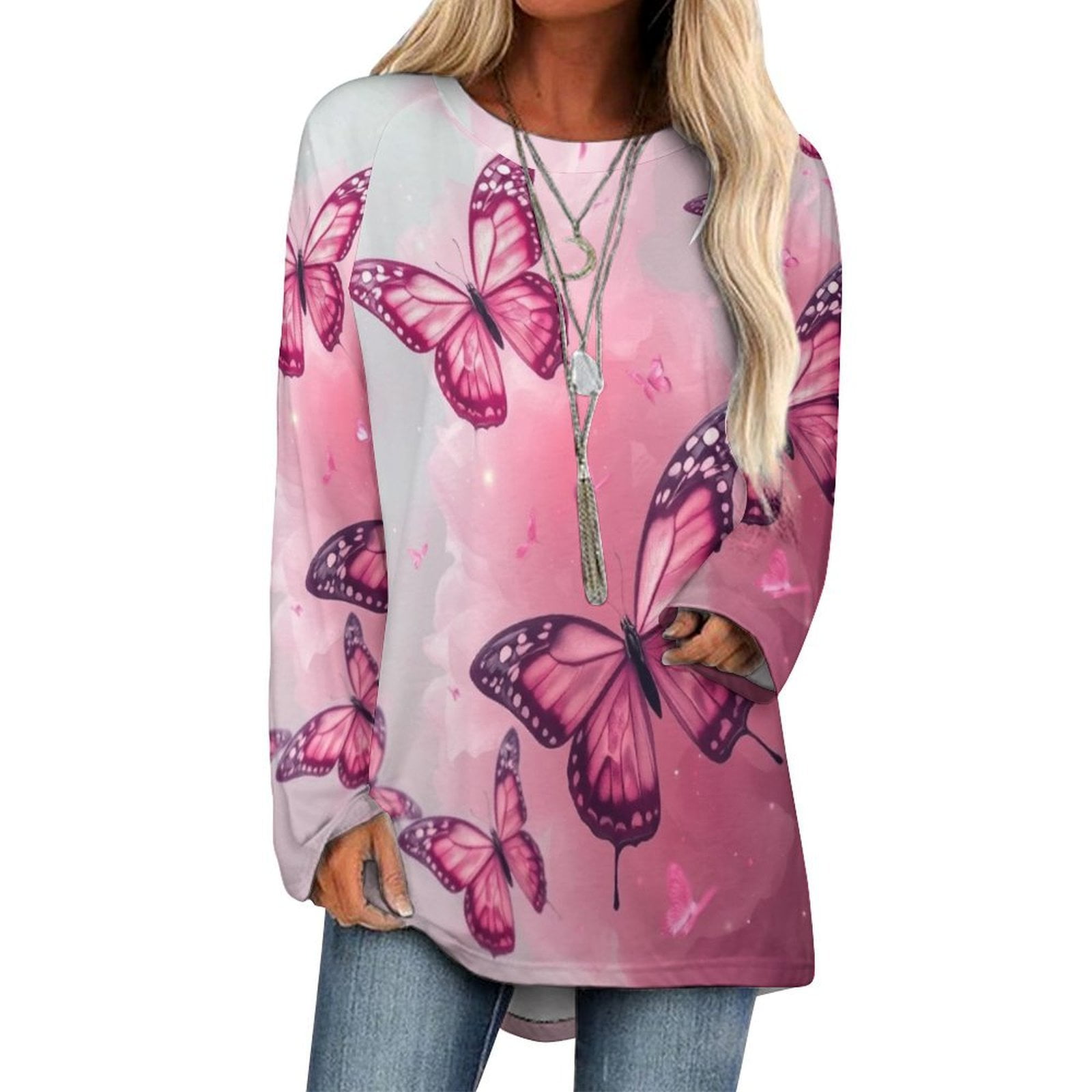 Loose Fit Pink Butterflies Flying 3D Print Long Sleeve Crew Neck T ...
