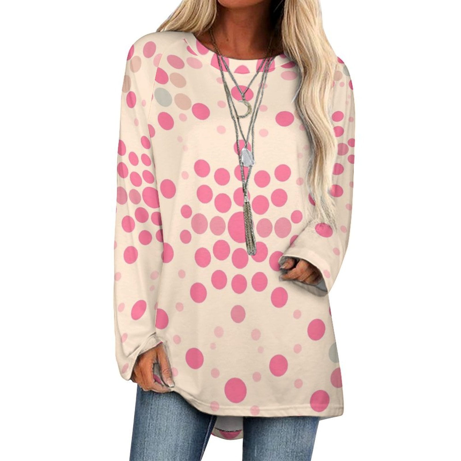 Loose Fit Pink Circle Pattern 3D Print Long Sleeve Crew Neck T-Shirt ...