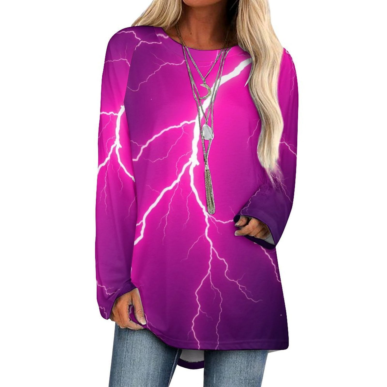 Loose Fit Pink Electric Storm 3D Print Long Sleeve Crew Neck T-Shirt ...