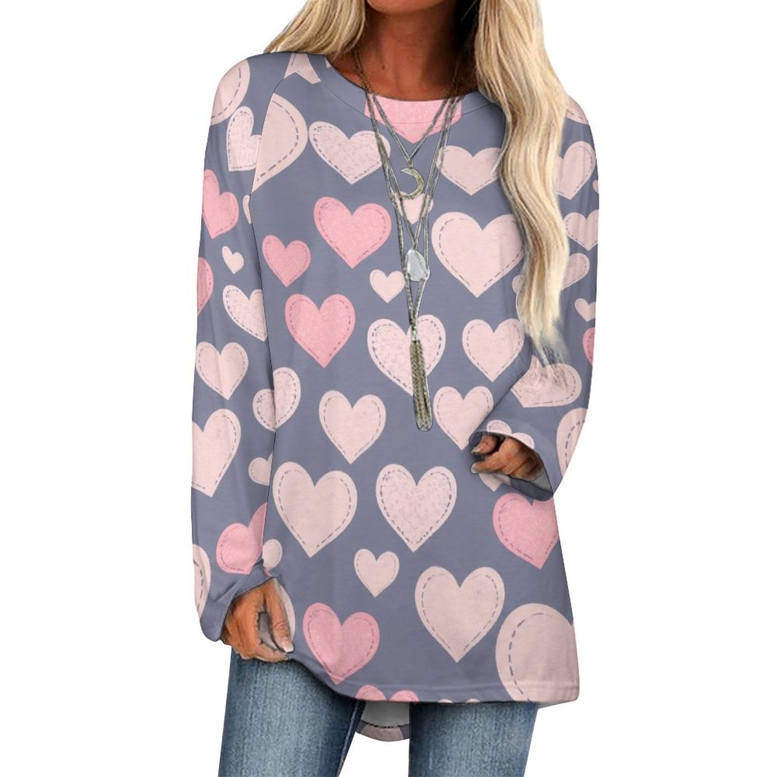 Loose Fit Pink Hearts Pattern 3D Print Long Sleeve Crew Neck T-Shirt ...