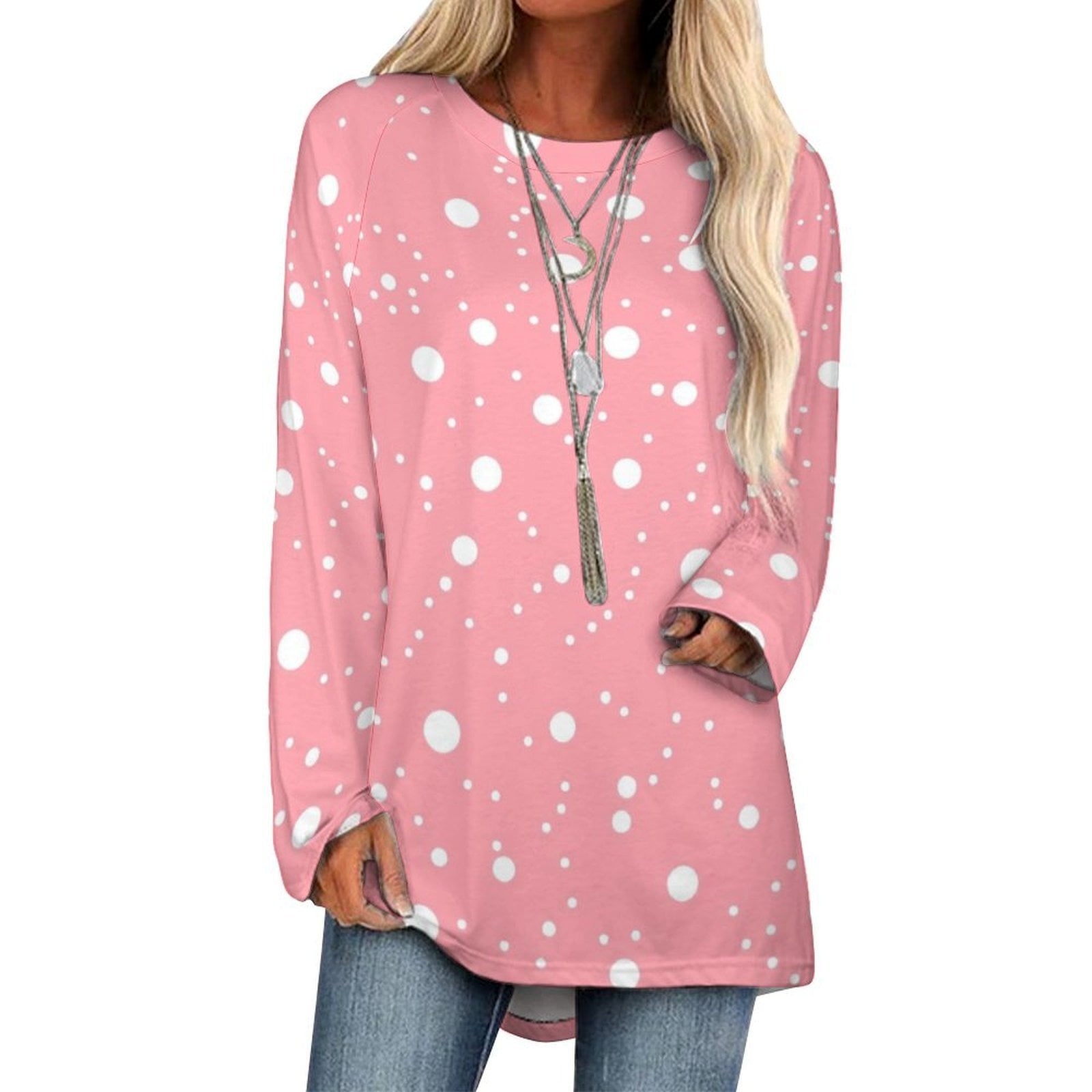 Loose Fit Pink White Polka Dots 3D Print Long Sleeve Crew Neck T-Shirt ...