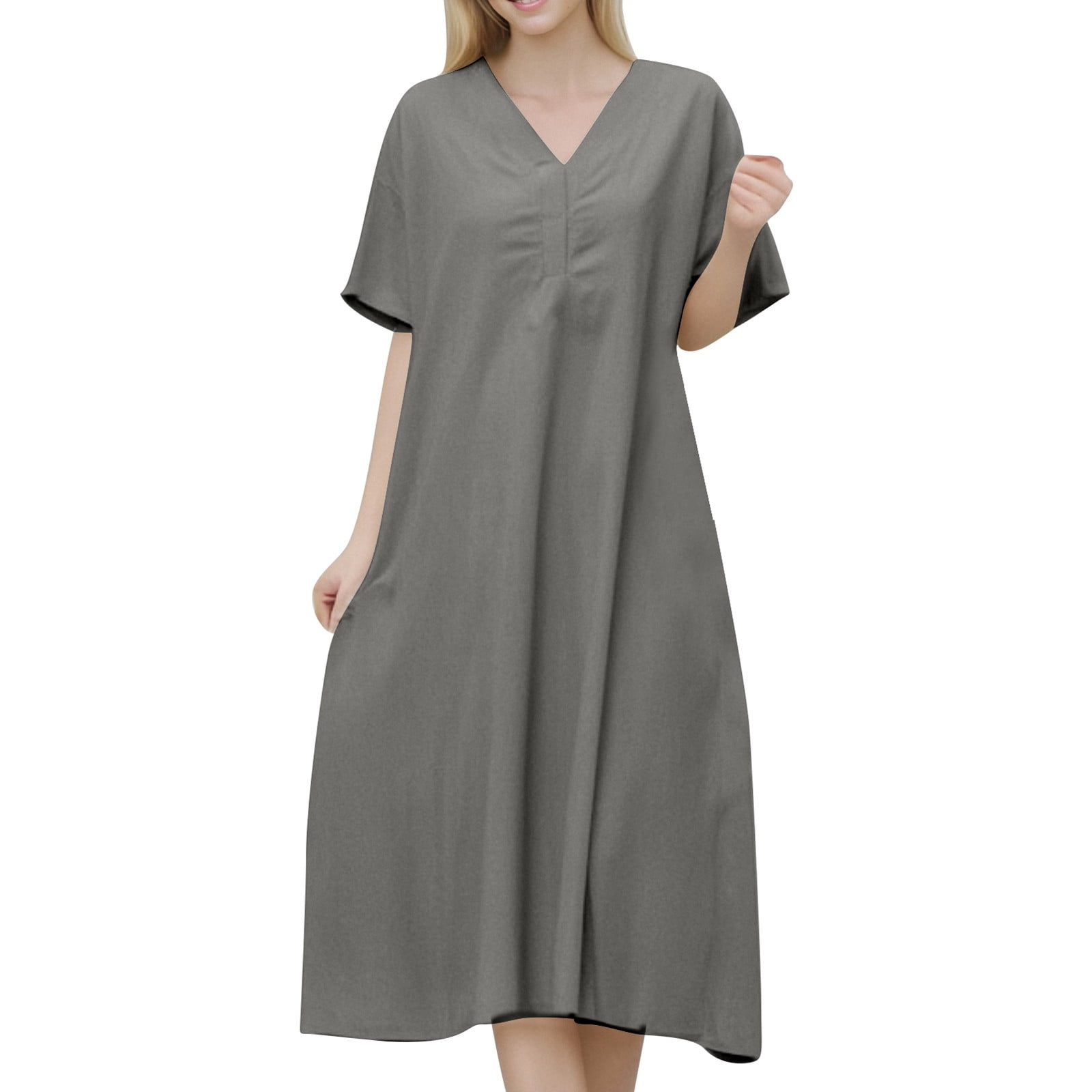 Loose Fit Plus Size Long Dress: Short Sleeve, V Neck, Pure Color Linen ...