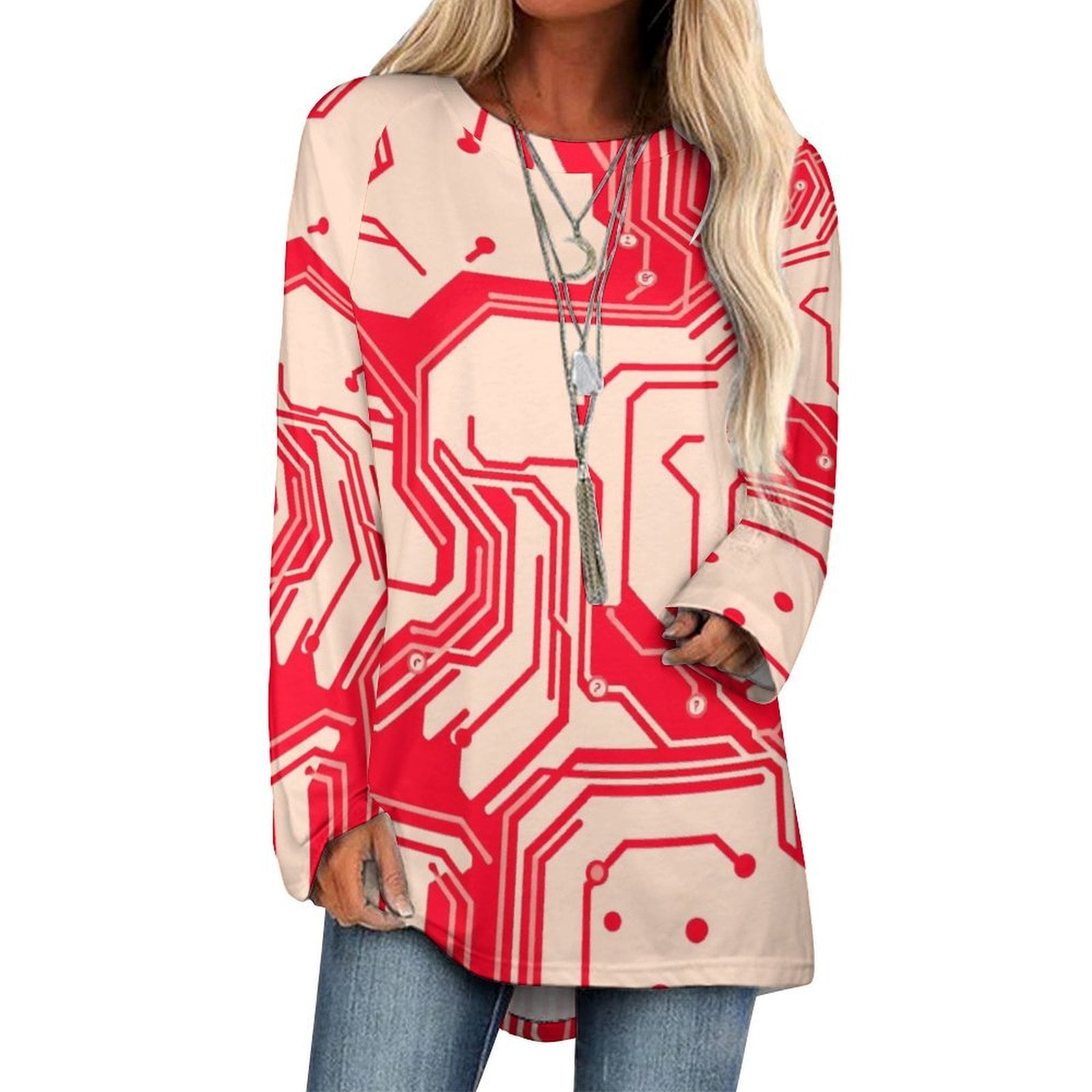 Loose Fit Red Circuit Board Design 3D Print Long Sleeve Crew Neck T ...