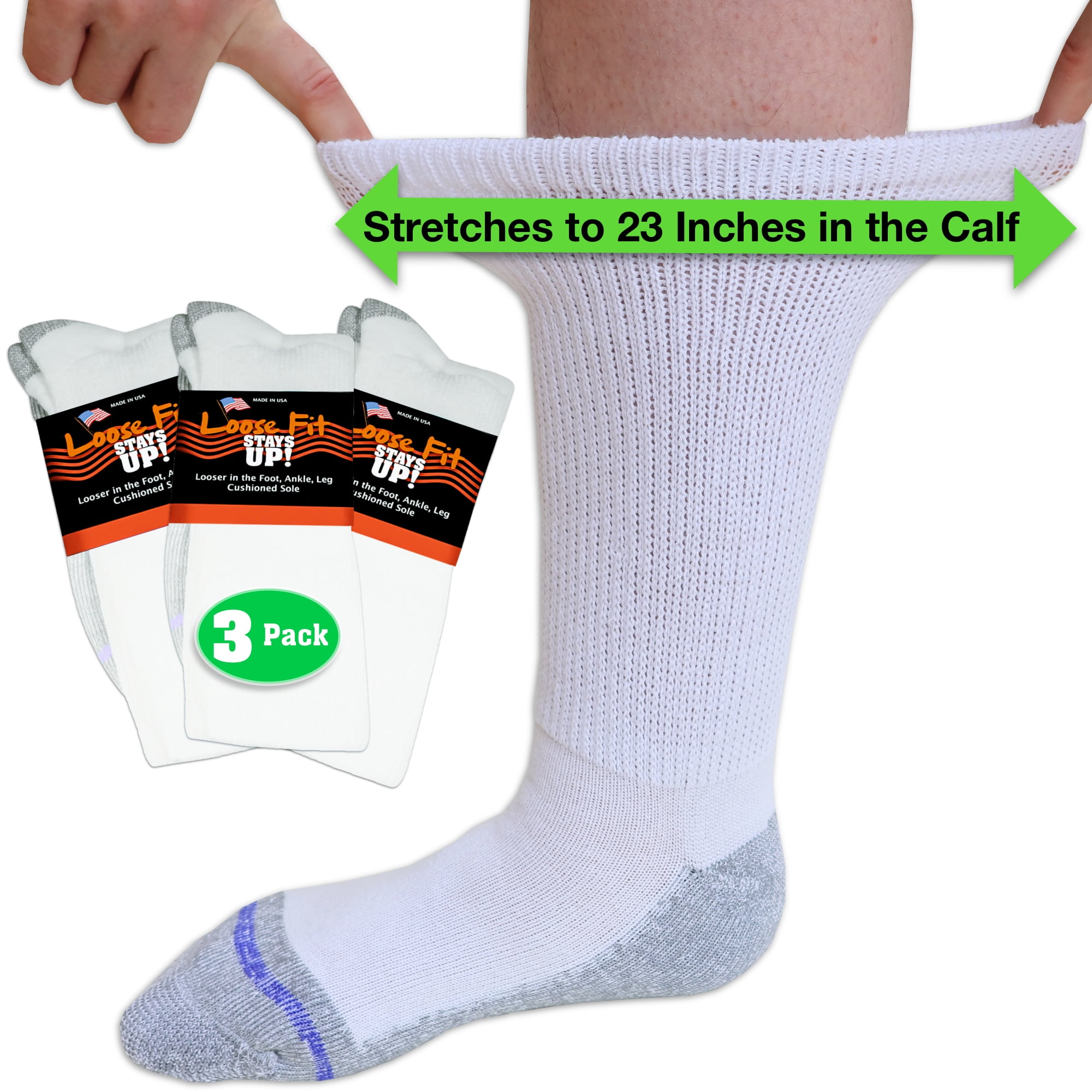Loose Fit Stays Up Crew Socks, Wide Fit, Cushioned Sole, Stretches to ...