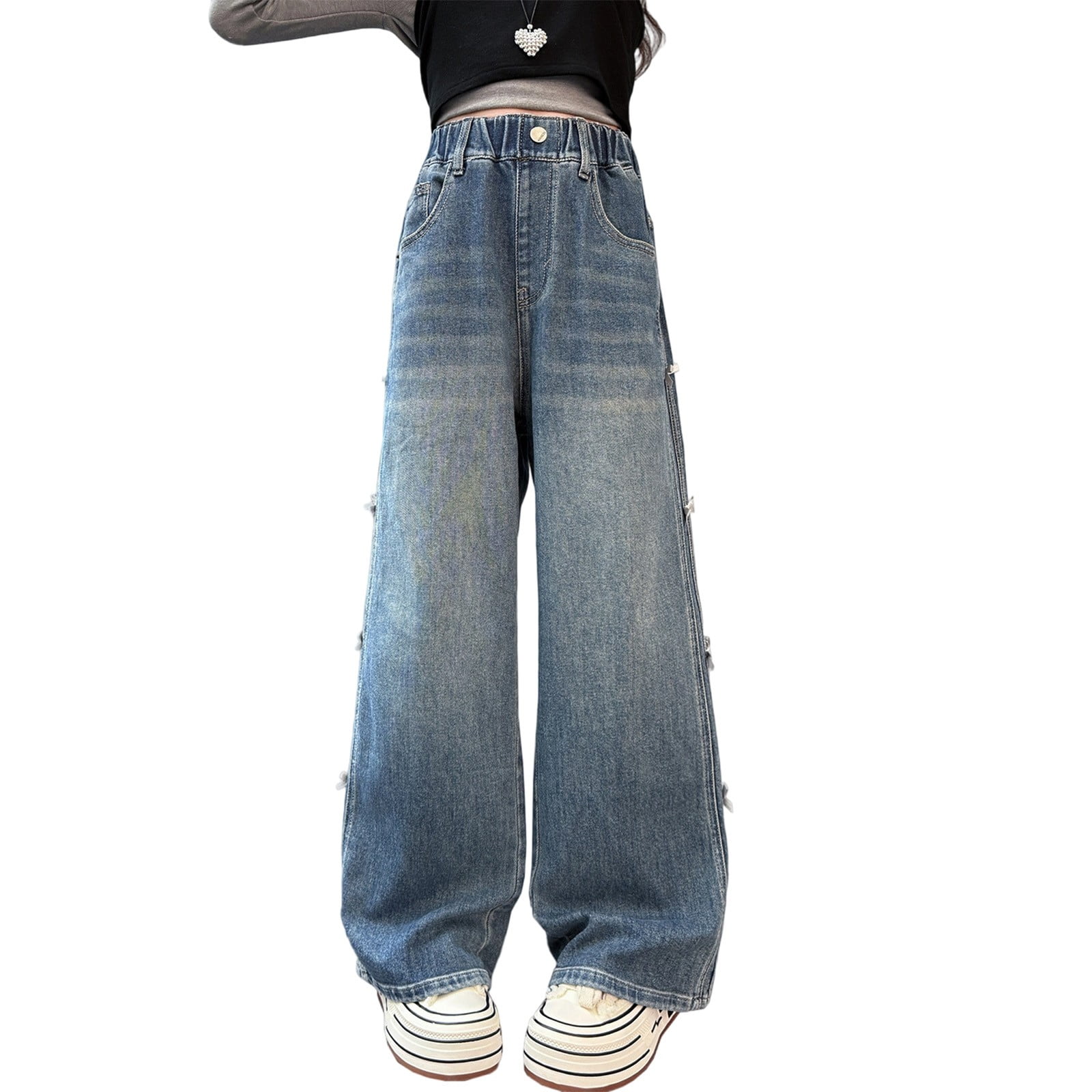 Loose Fit Straight Leg Jeans for Girls, High Elastic Waist with Side ...