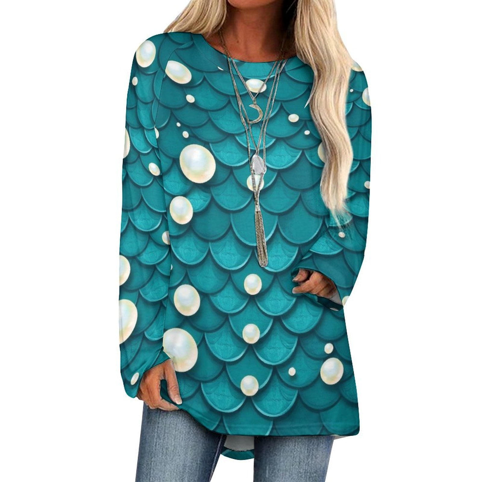 Loose Fit Teal Scales Pearls Pattern 3D Print Long Sleeve Crew Neck T ...