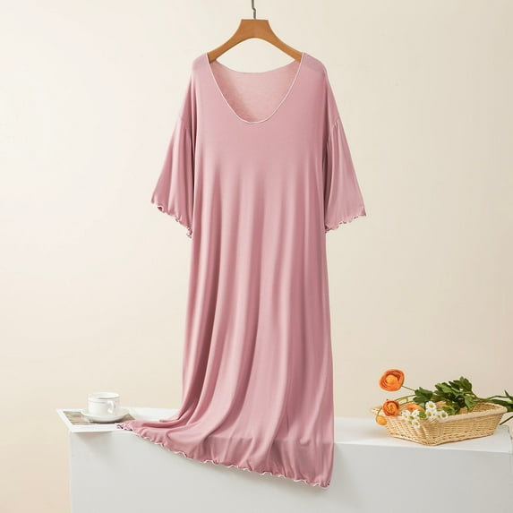 Loose Fit Women's Solid Color Round-Neck Nightgown Short Sleeve Comfy ...