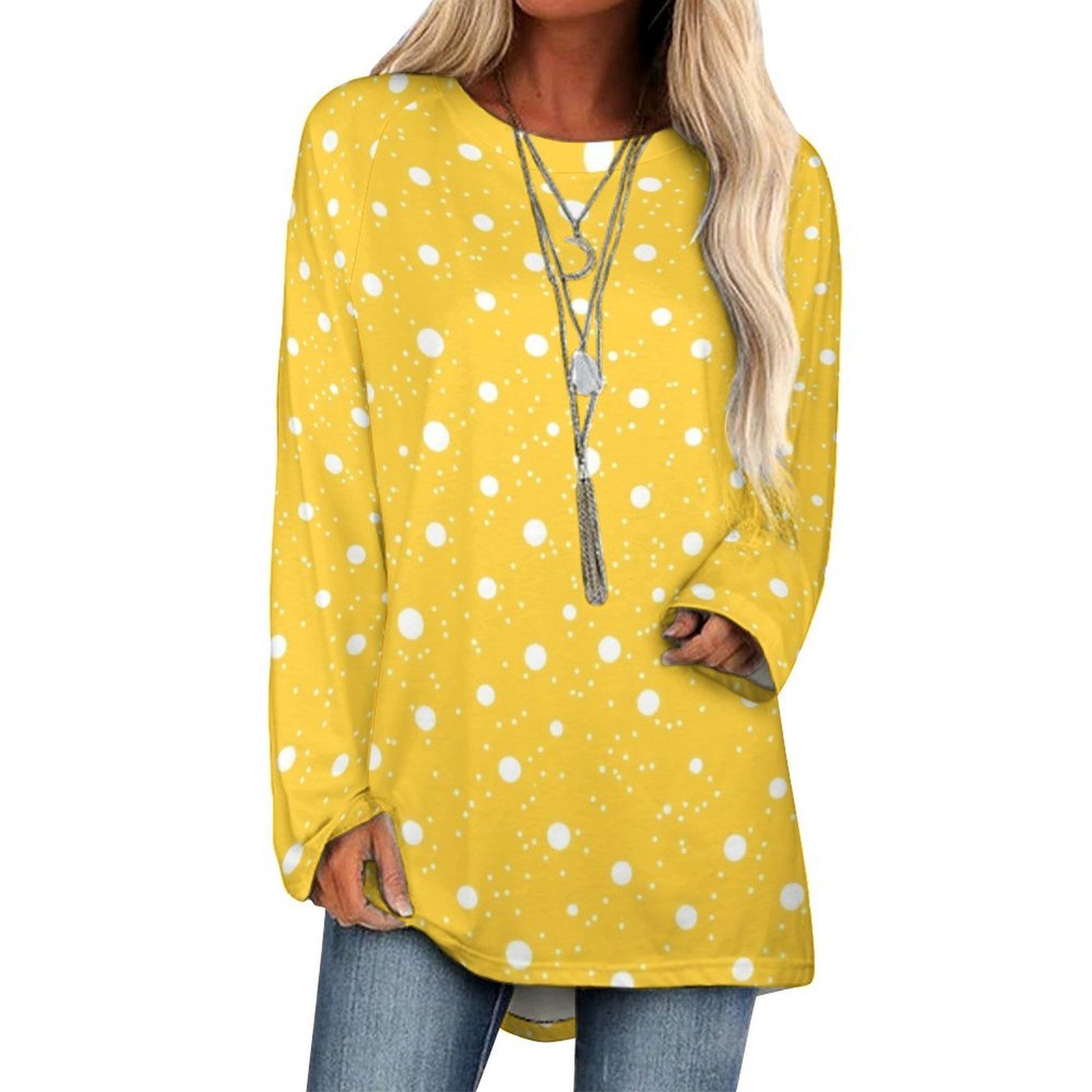 Loose Fit Yellow White Polka Dots 3D Print Long Sleeve Crew Neck T ...