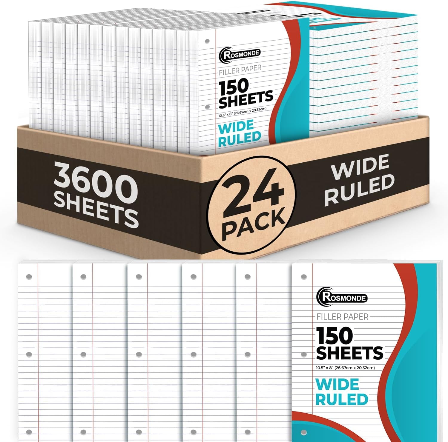 Loose Leaf Paper, 450 Sheets, 3 Pack, 56 gsm Wide Ruled Sheets, 8" x 10 ...