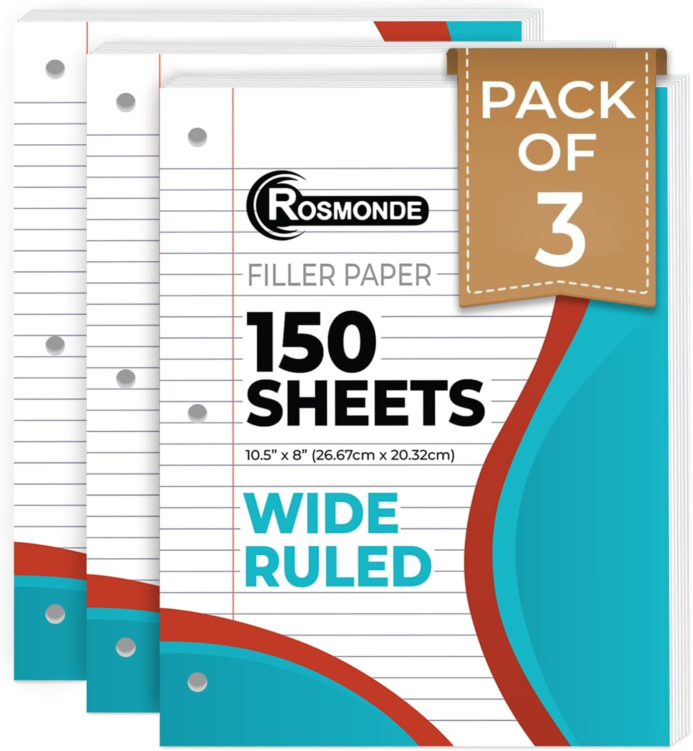 Loose Leaf Paper, 450 Sheets, 3 Pack, 56 gsm Wide Ruled Sheets, 8" x 10 ...