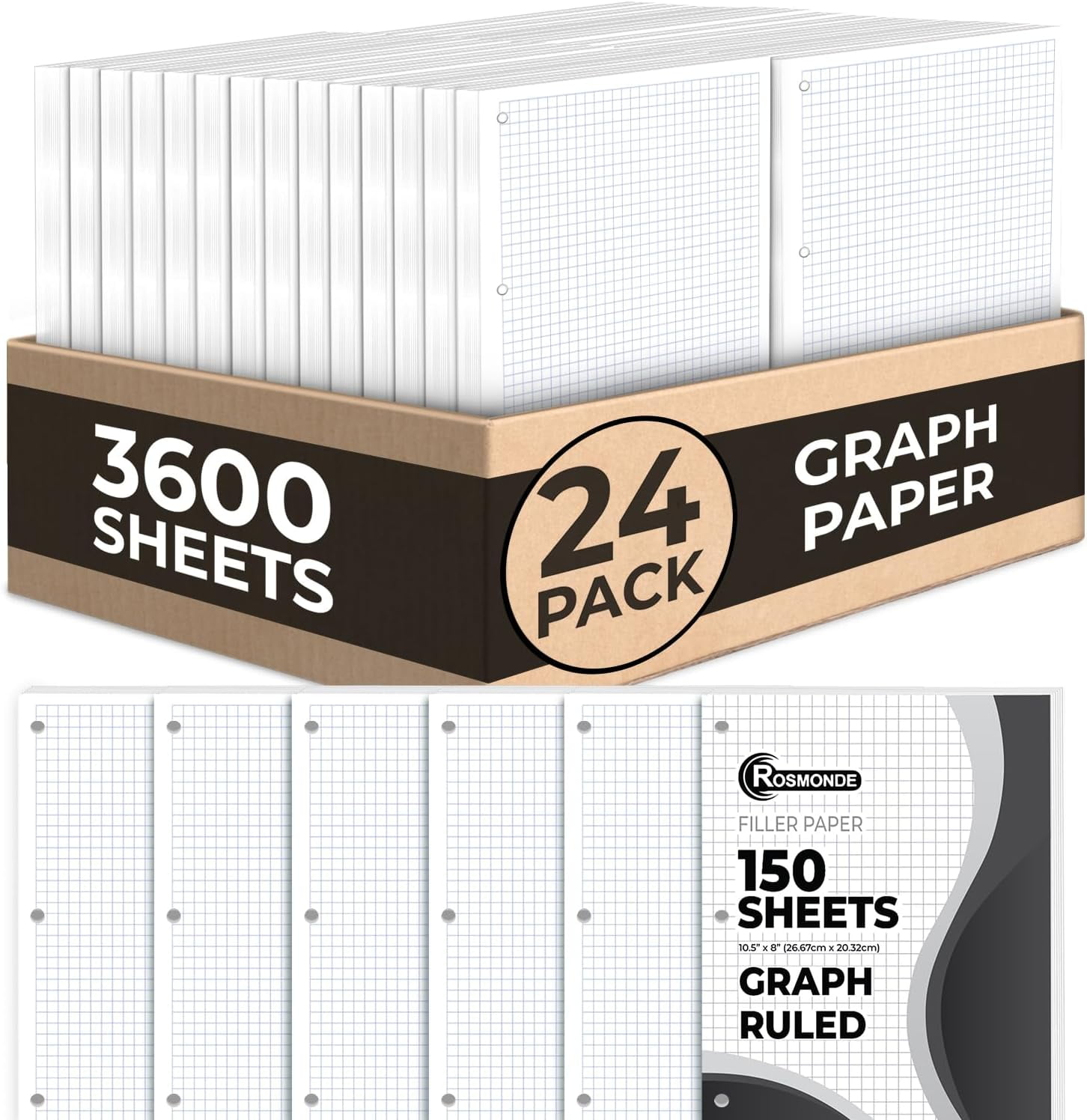 Loose Leaf Paper Bulk, 3600 Sheets, 24 Pack, 56 gsm Quad Ruled Sheets ...