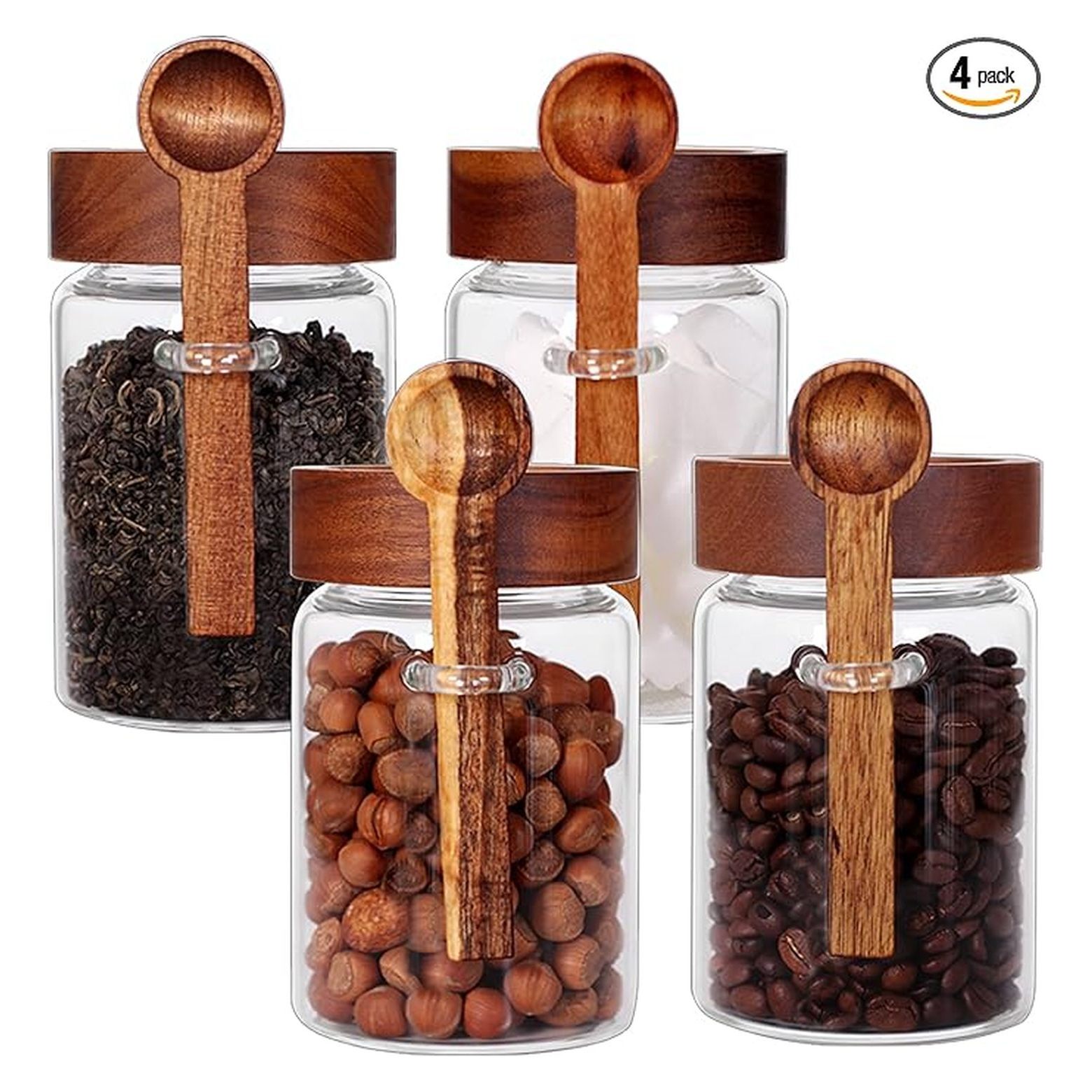 Loose Leaf Tea Canisters Set - 4 x 16oz Glass Jars with Wooden Lids ...