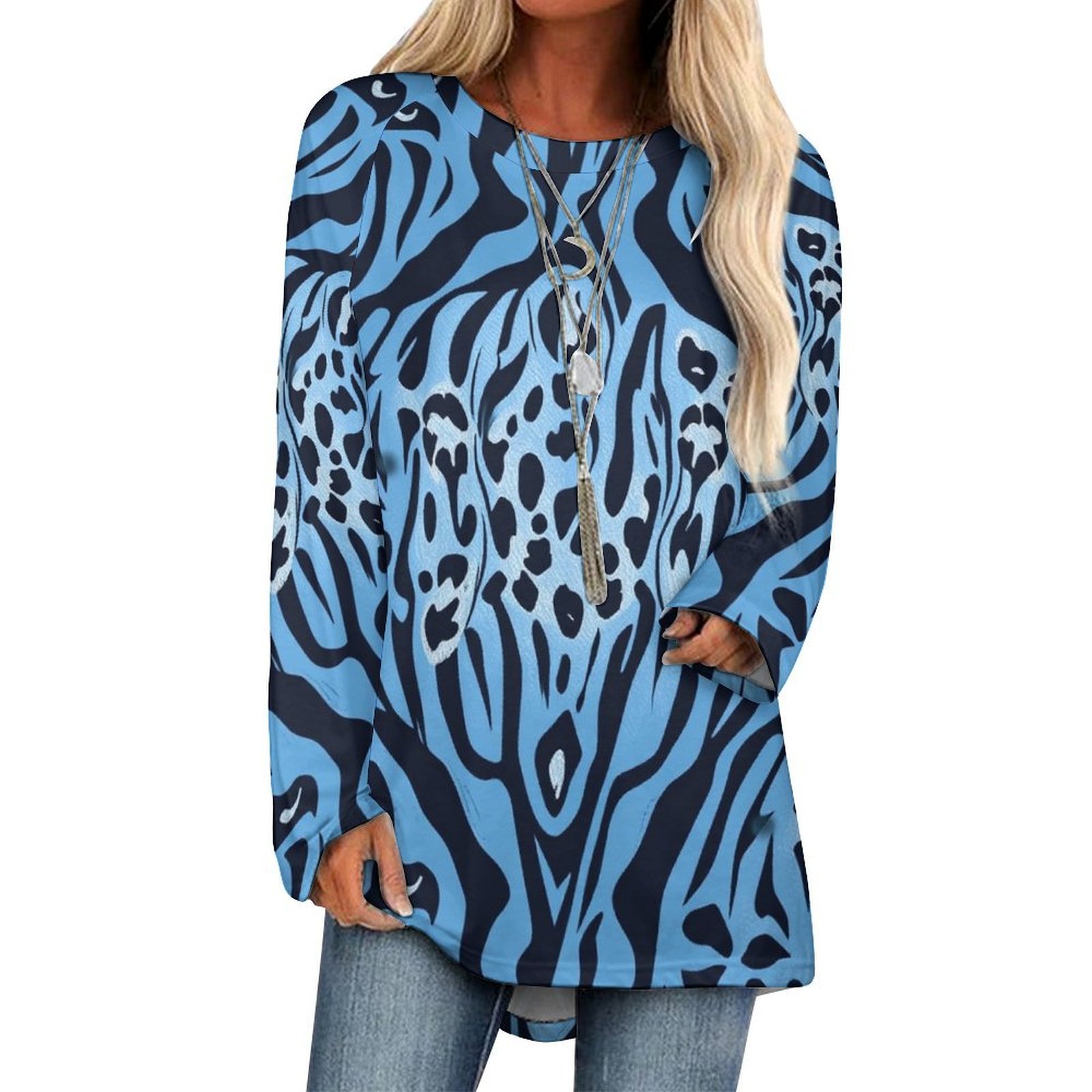 Loose Long Sleeve Crew Neck T-Shirt Blue Animal Print Design 3D Print ...