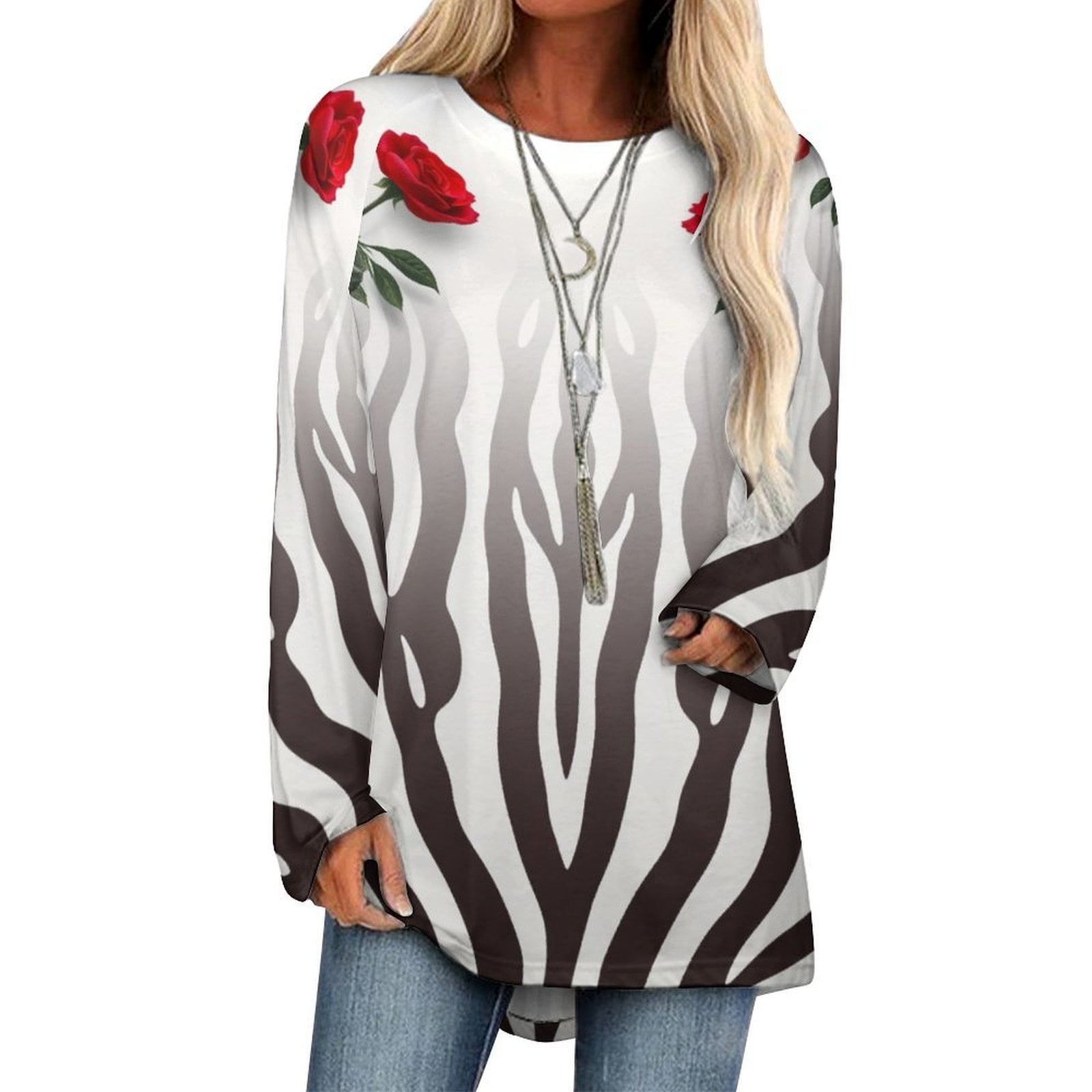 Loose Long Sleeve Crew Neck T-Shirt Rose And Zebra Print Pattern 3D ...